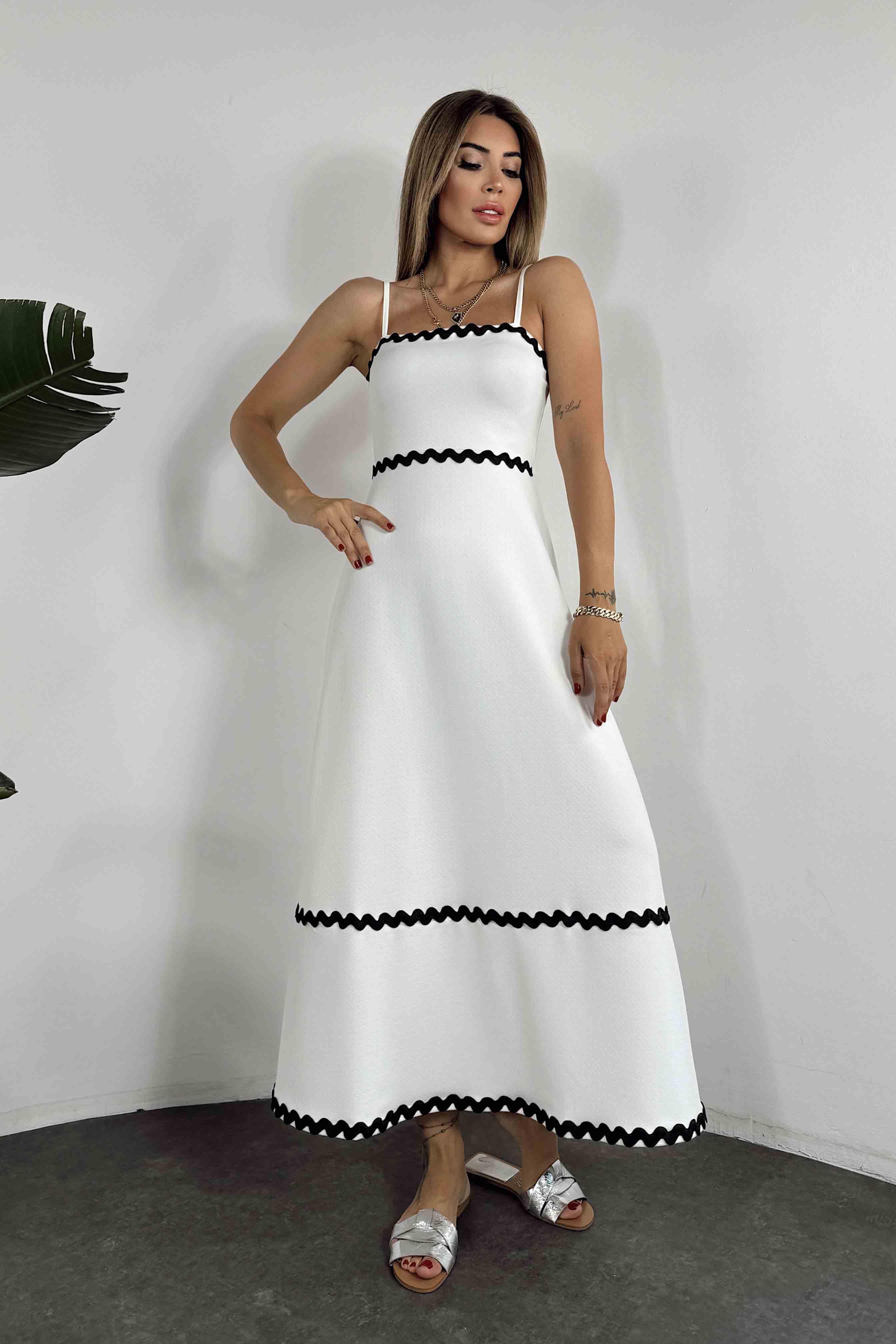 Marka Model Krep Kumaş Tasarım Elbise Beyaz