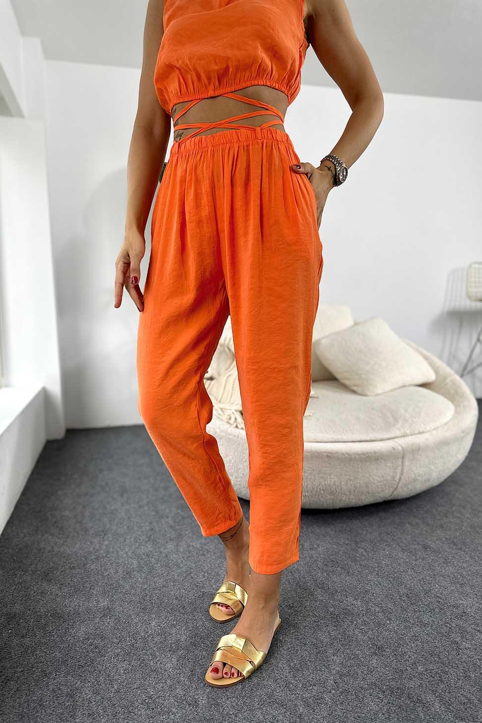 Modal Kumaş Crop Pantolon İkili Kadın Takım Turuncu - Butik Gardrop Modal Kumaş Crop Pantolon İkili Kadın Takım Turuncu - Butik Gardrop
