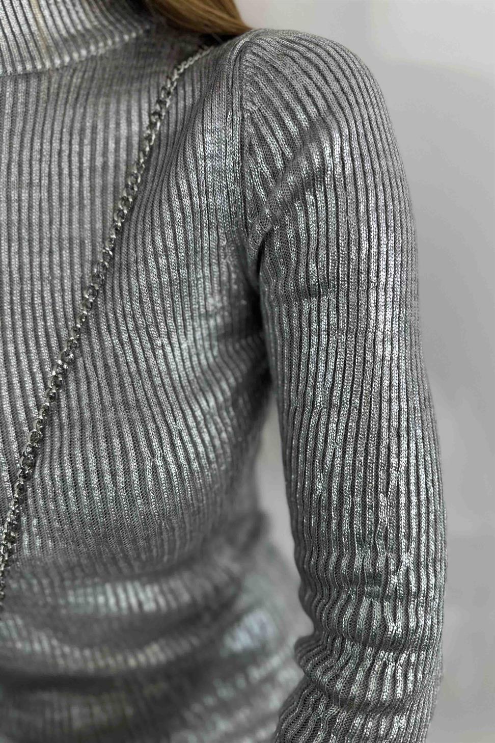 Varak Detaylı Fitilli Uzun Triko Elbise Silver