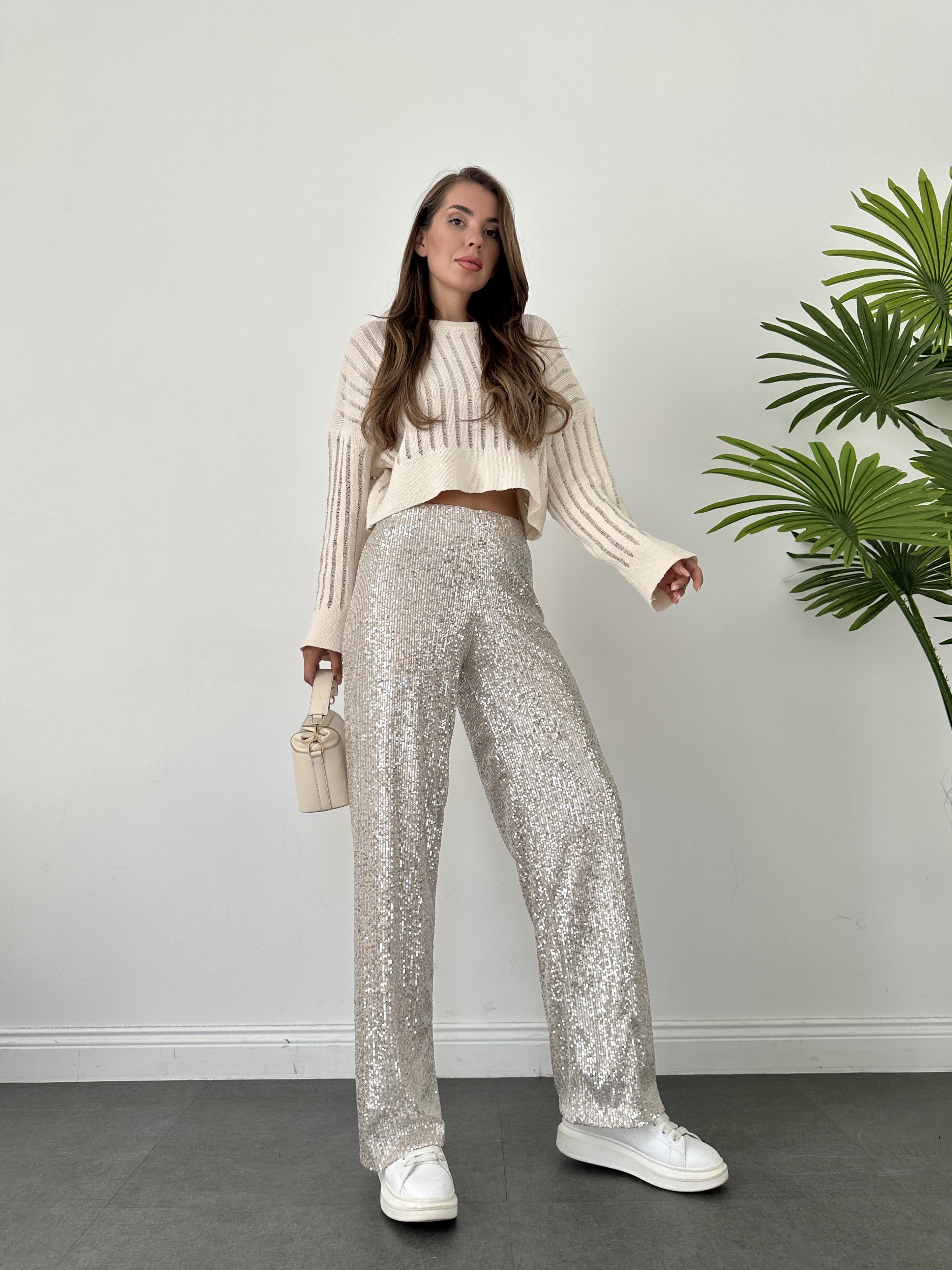 Bej Payetli Bol Paça Pantolon - Bolesa Suadiye