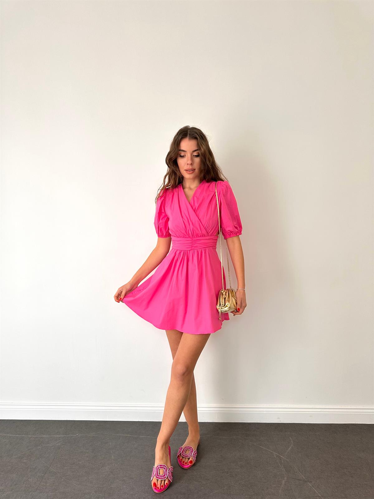 Pembe Karpuz Kol Mini Elbise - Bolesa Suadiye