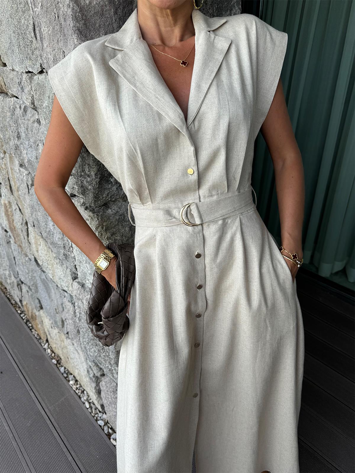 Taş Rengi Keten Kemerli Elbise - Bolesa Suadiye