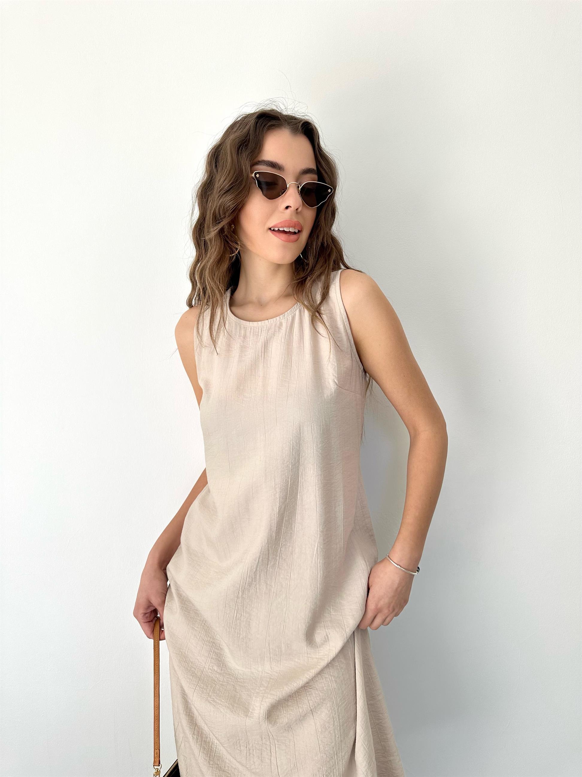 Taş Rengi Kolsuz Uzun Elbise - Bolesa Suadiye