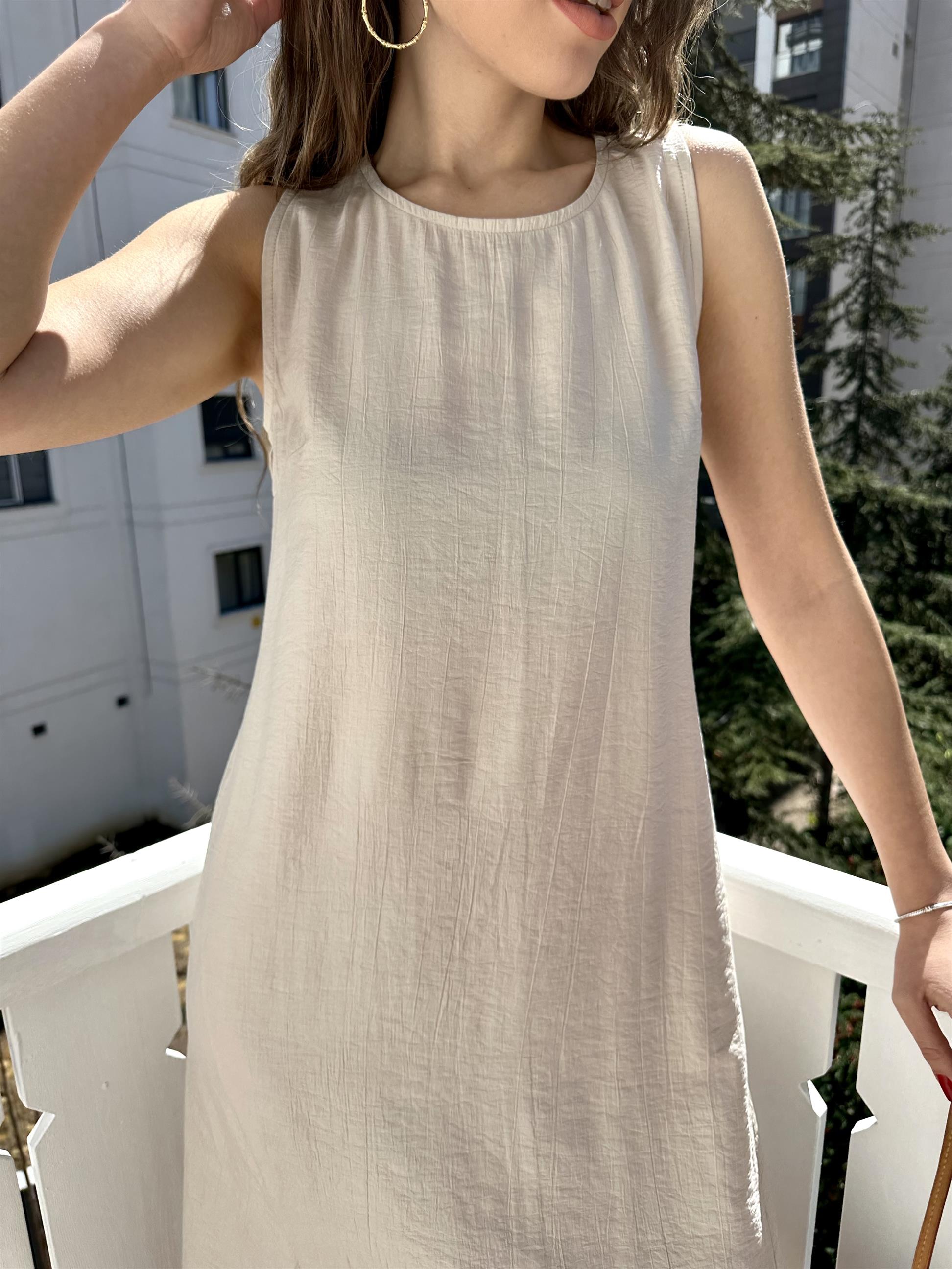 Taş Rengi Kolsuz Uzun Elbise - Bolesa Suadiye