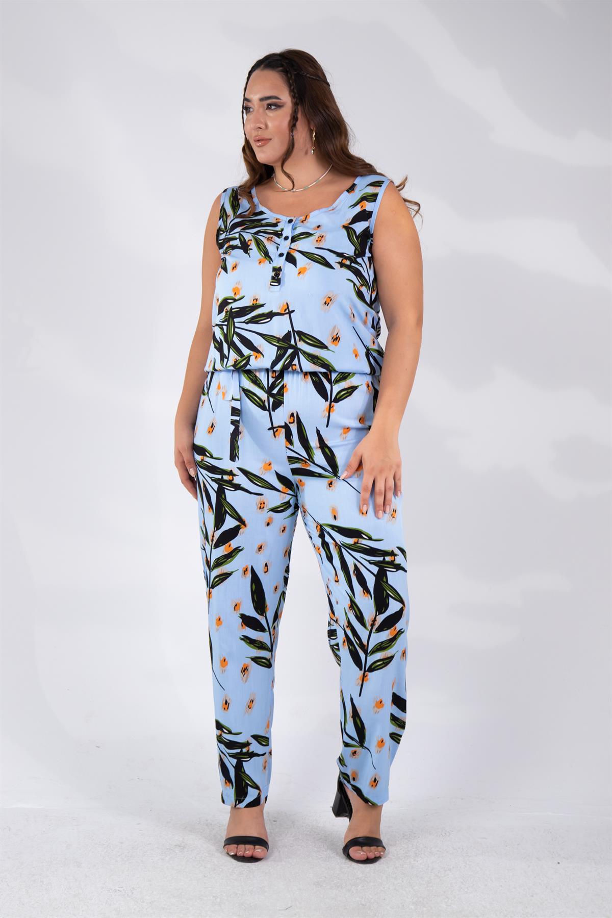 Büyük Beden 112146 Desenli Tulum Mavi