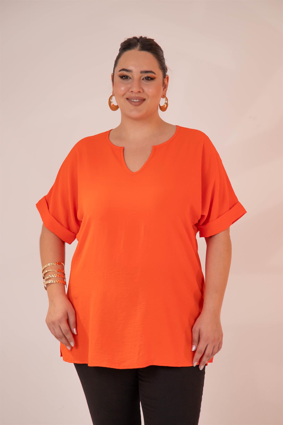 Büyük Beden 333800 Yaka Detaylıı Bluz Turuncu