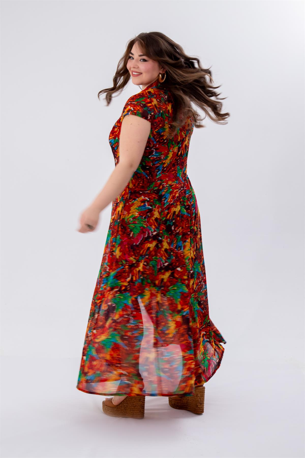 Büyük Beden 112183 Alina Uzun Elbise Kırmızı Desenli