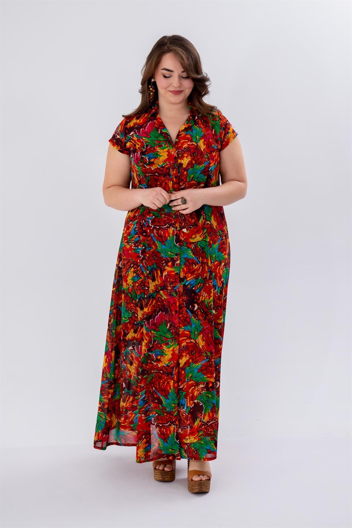 Büyük Beden 112183 Alina Uzun Elbise Kırmızı Desenli