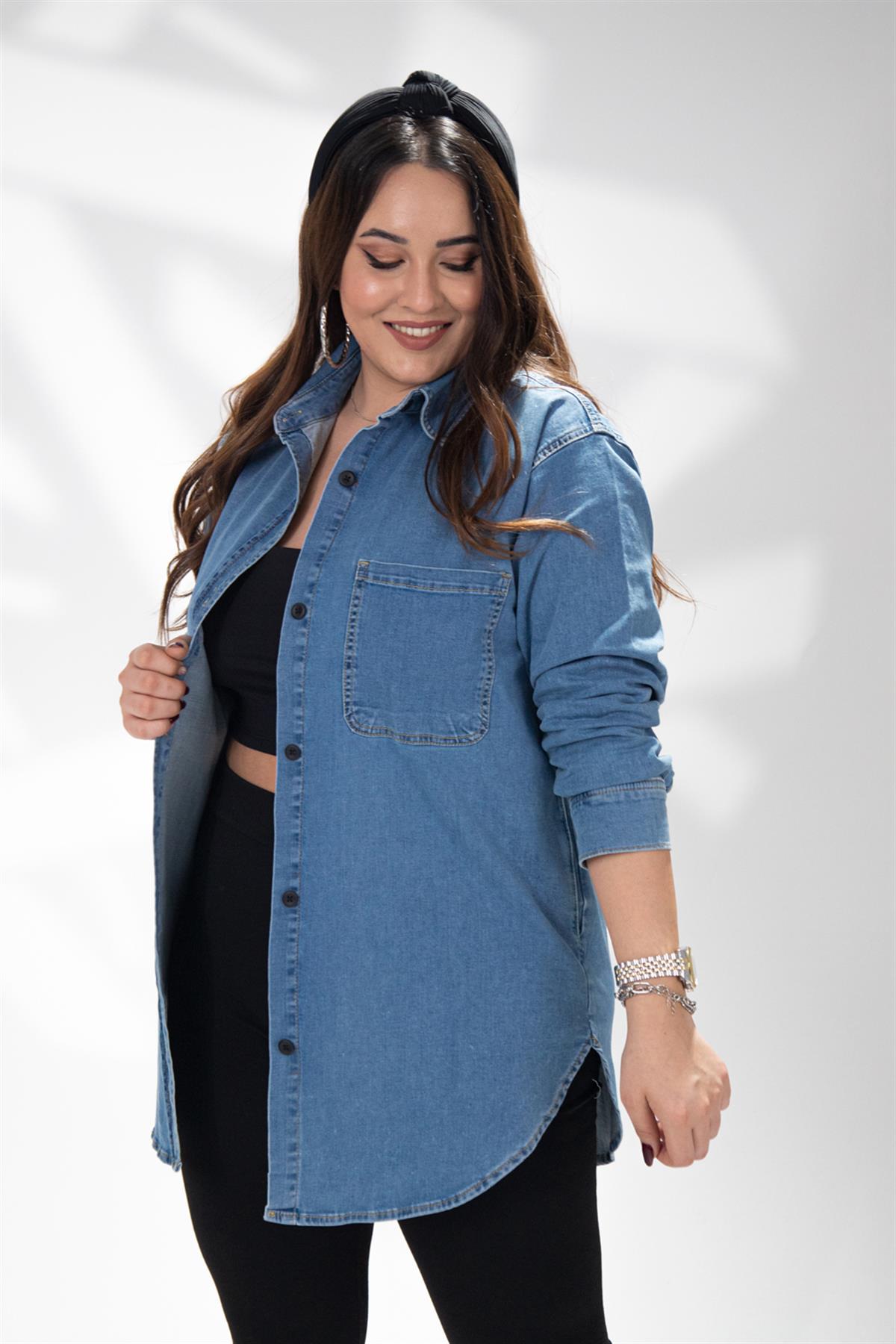 Büyük Beden 210051 Cepli Denim Gömlek Mavi Büyük Beden 210051 Cepli Denim Gömlek Mavi