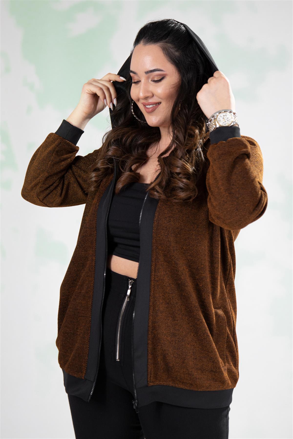 Büyük Beden 333115 Kapüşonlu Hırka Camel