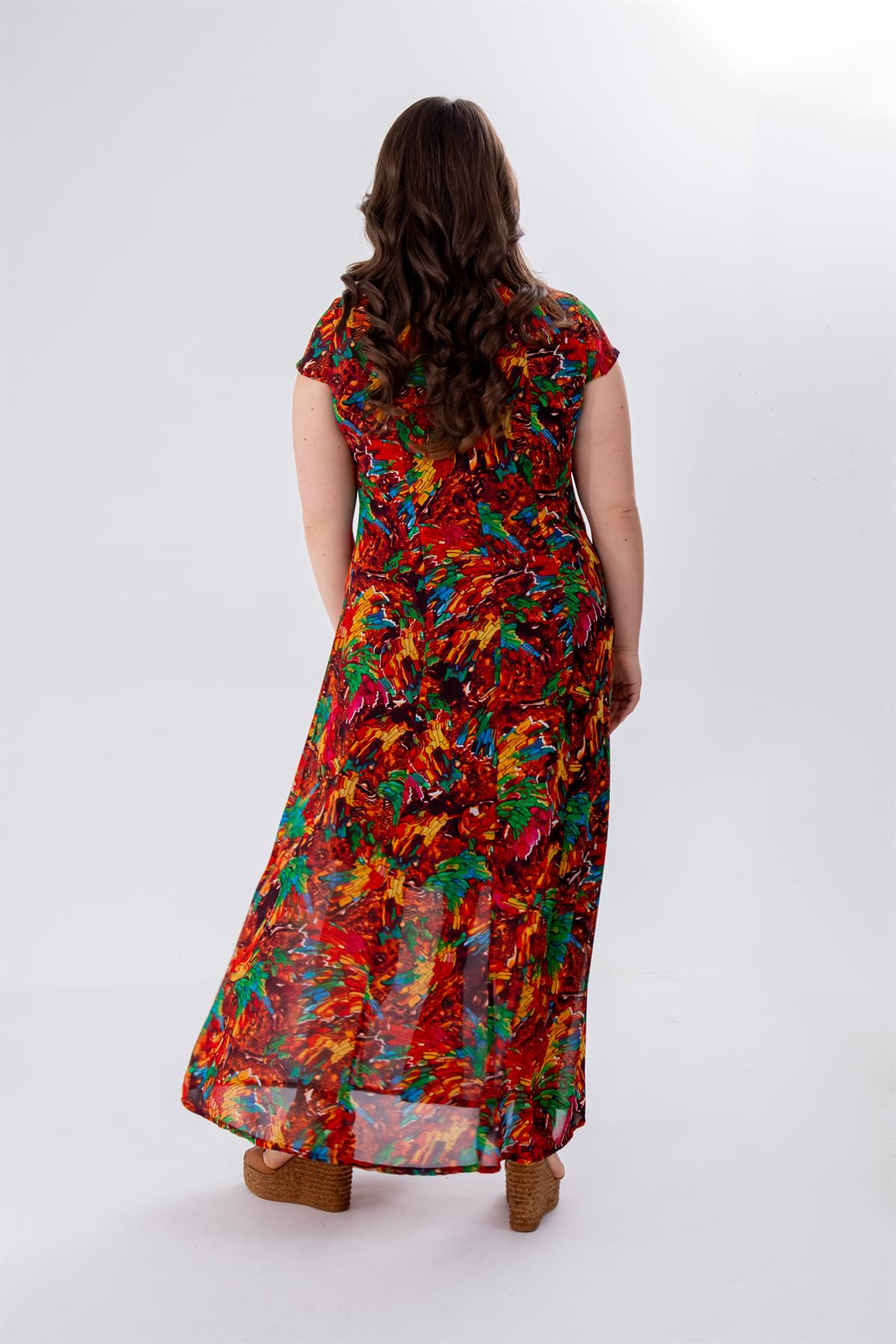 Büyük Beden 112183 Alina Uzun Elbise Kırmızı Desenli