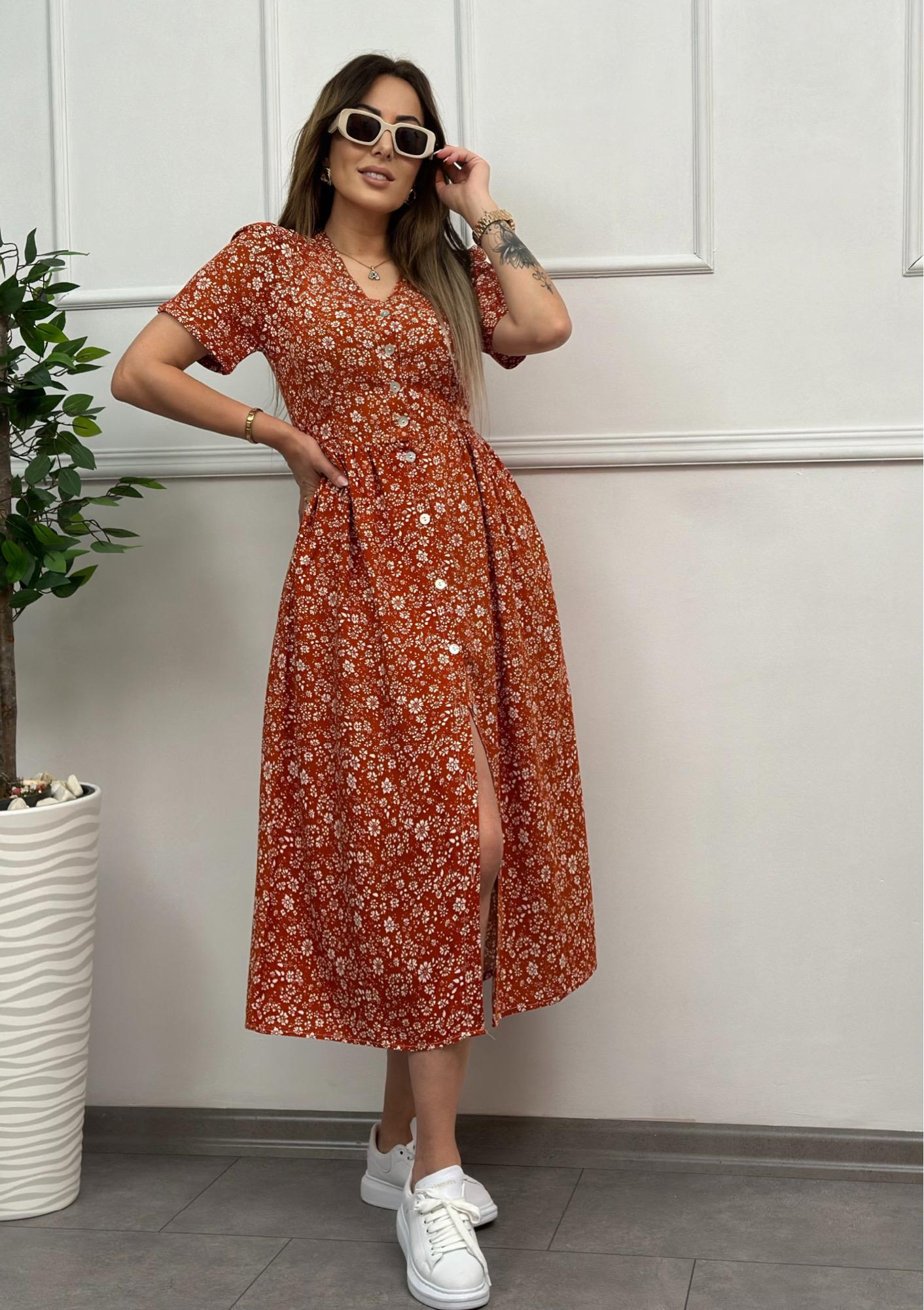 Çiçek Desenli Kiremit Rengi Gömlek Elbise