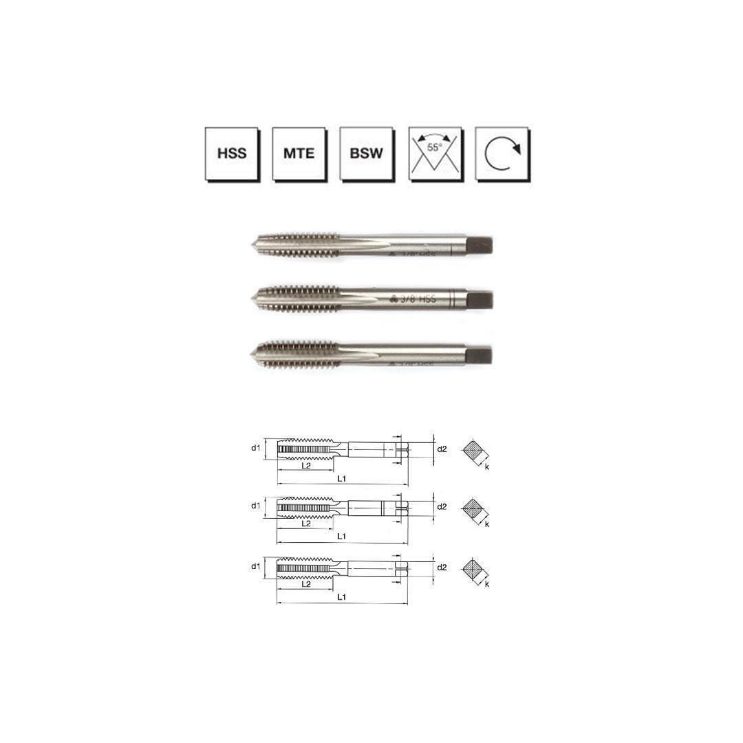 MTE Makina Takım W 1/2" HSS MTE Normu Whitworth Normal Vidalı 3'lü Takım Kılavuzu (El Kılavuzu ...