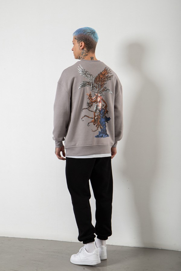 Erkek Master Of Reality BaskılıOversize Açık Gri Sweatshirt | Machinist
