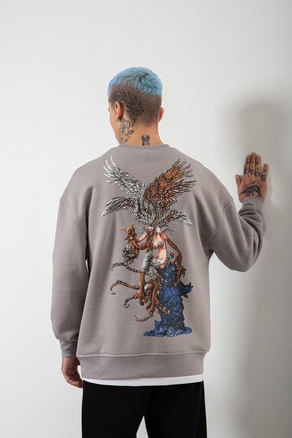 Erkek Master Of Reality BaskılıOversize Açık Gri Sweatshirt | Machinist