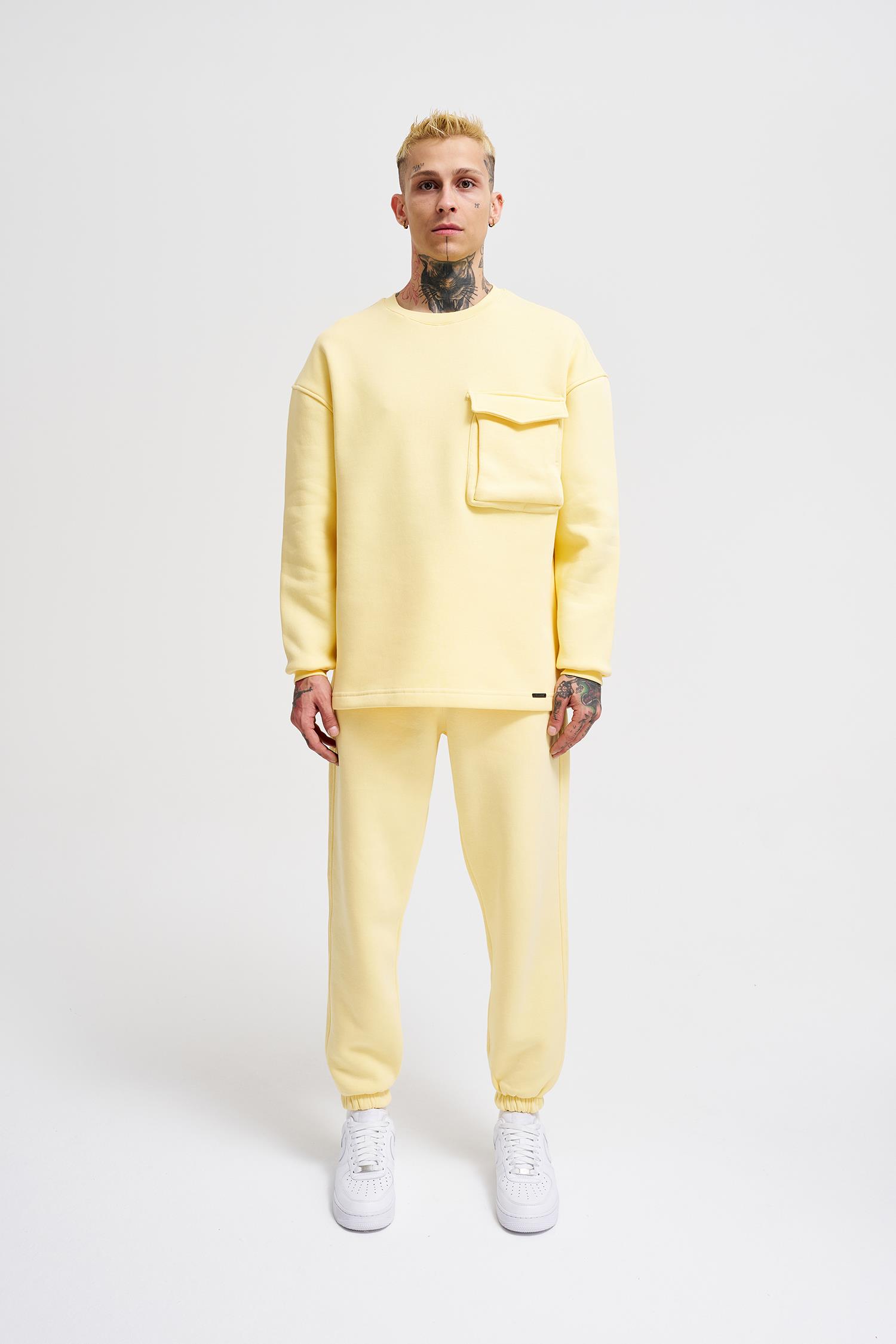 Erkek Cepli Bisiklet Yaka Basic Super Oversize Sarı Sweatshirt | Machinist