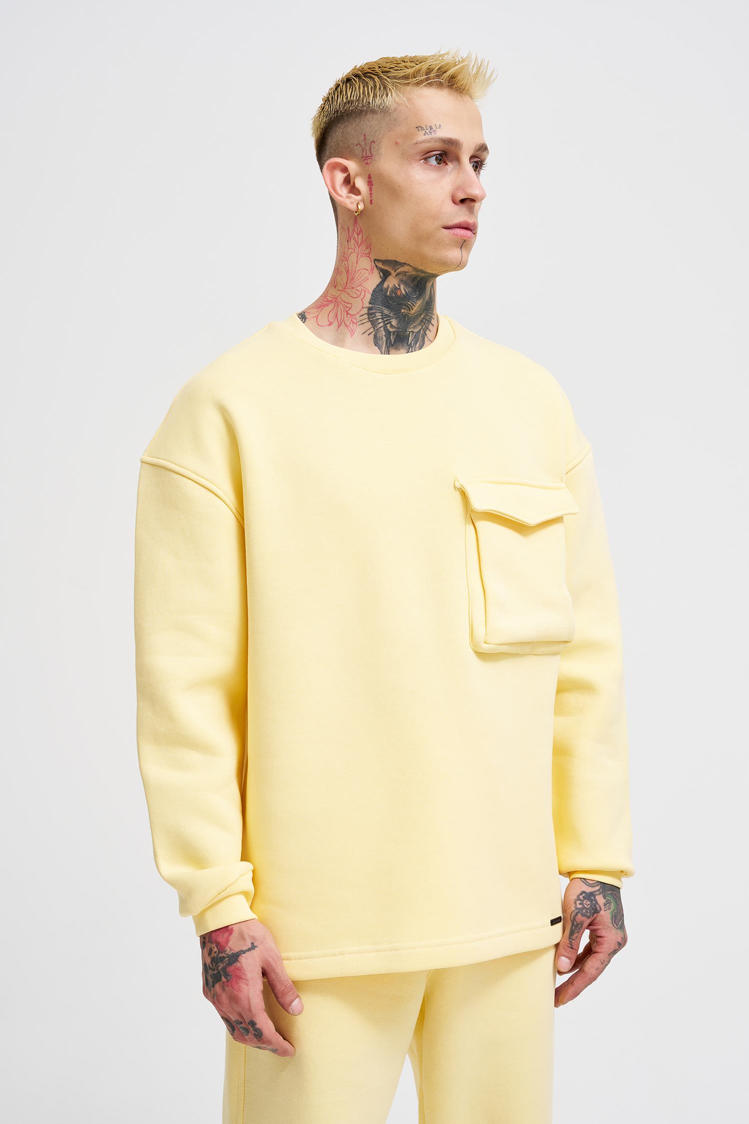 Erkek Cepli Bisiklet Yaka Basic Super Oversize Sarı Sweatshirt | Machinist