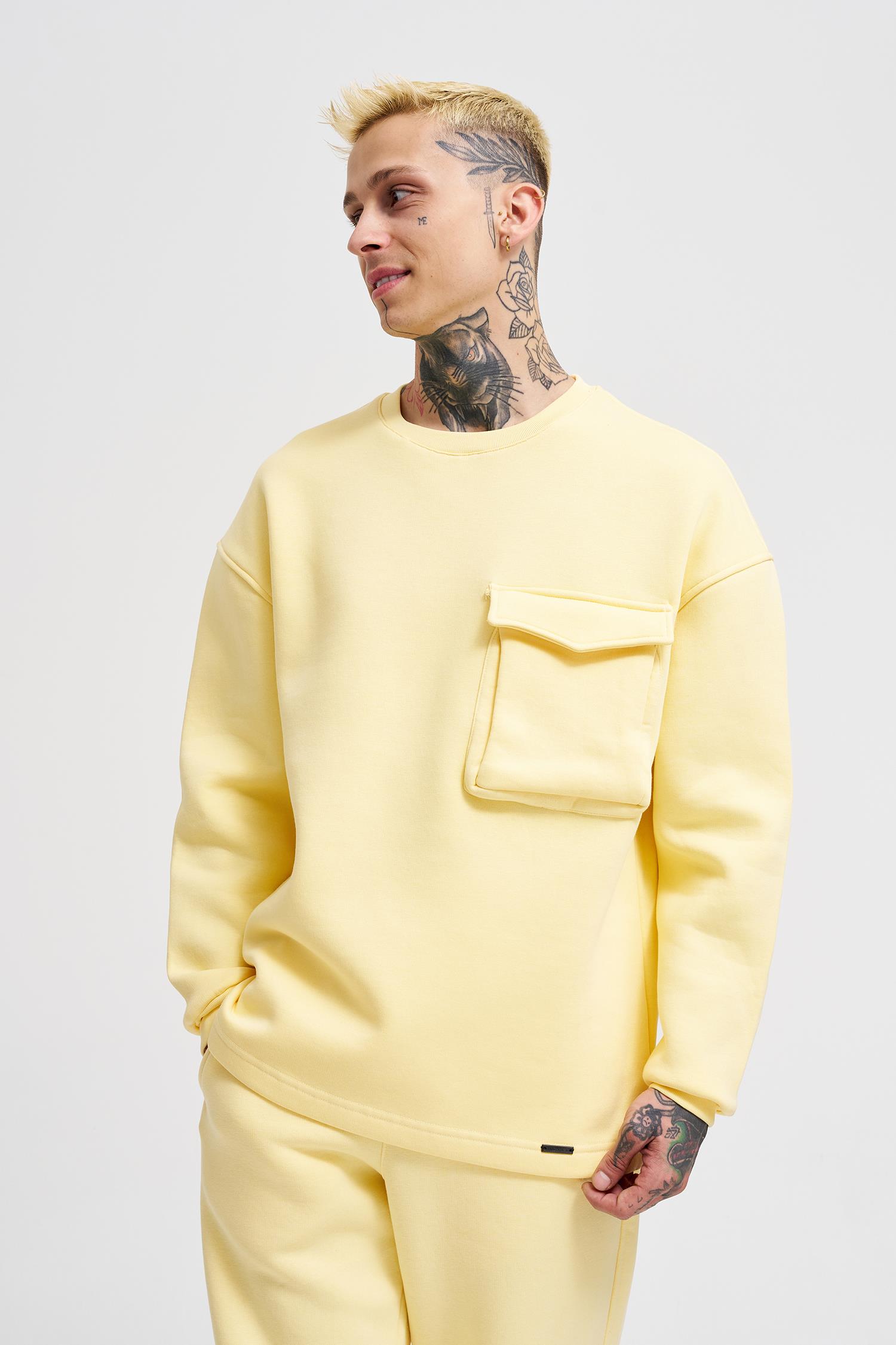Erkek Cepli Bisiklet Yaka Basic Super Oversize Sarı Sweatshirt | Machinist