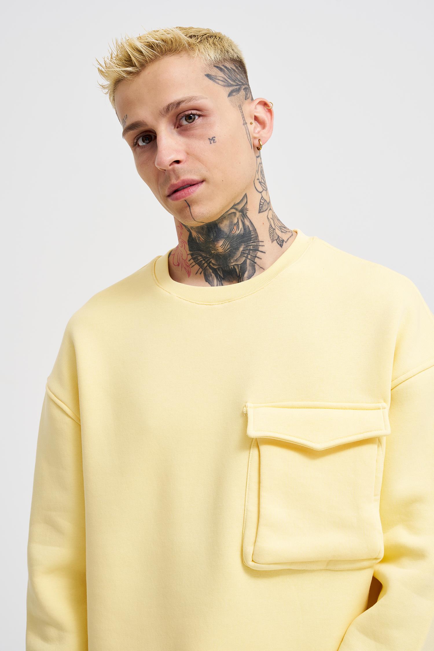 Erkek Cepli Bisiklet Yaka Basic Super Oversize Sarı Sweatshirt | Machinist