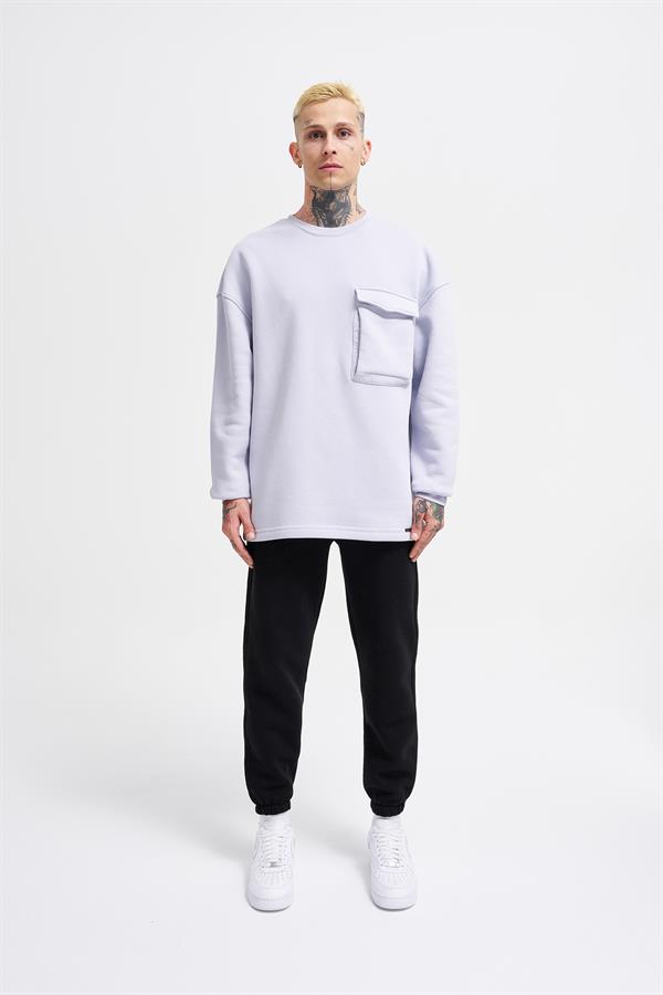 Erkek Cepli Bisiklet Yaka Basic Super Oversize Lila Sweatshirt | Machinist