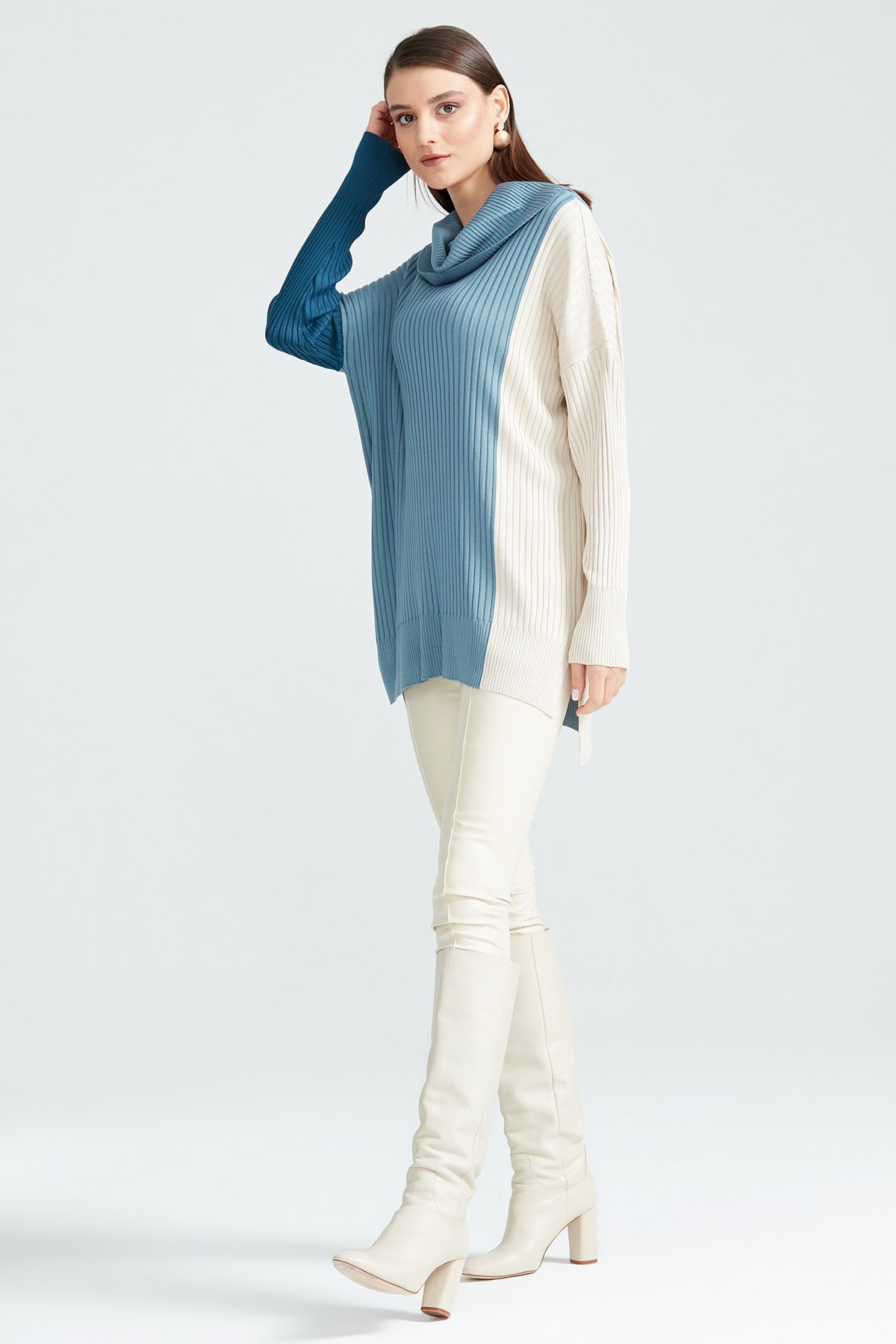 Colorblock Yüksek Degaje Yaka Triko Tunik | Tığ Store Colorblock Yüksek Degaje Yaka Triko Tunik | Tığ Store