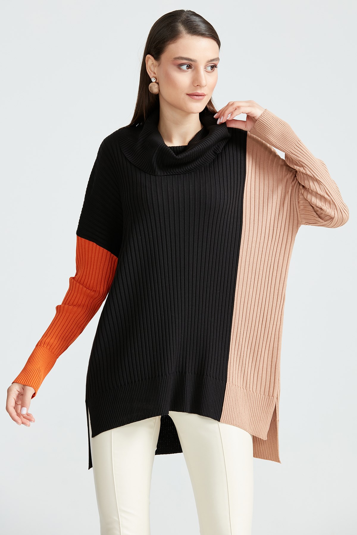 Colorblock Yüksek Degaje Yaka Triko Tunik | Tığ Store Colorblock Yüksek Degaje Yaka Triko Tunik | Tığ Store