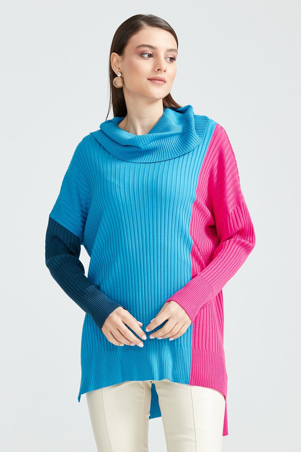 Colorblock Yüksek Degaje Yaka Triko Tunik | Tığ Store Colorblock Yüksek Degaje Yaka Triko Tunik | Tığ Store