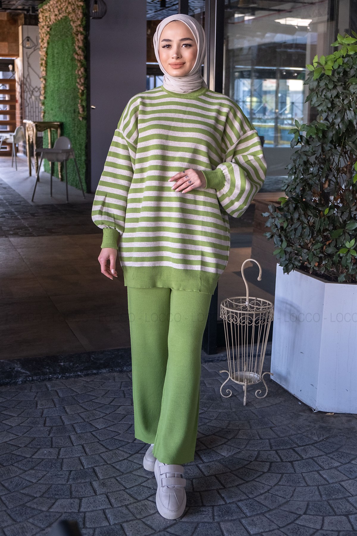 BALON KOL CIZGILI TUNIK FISTIK YESILI