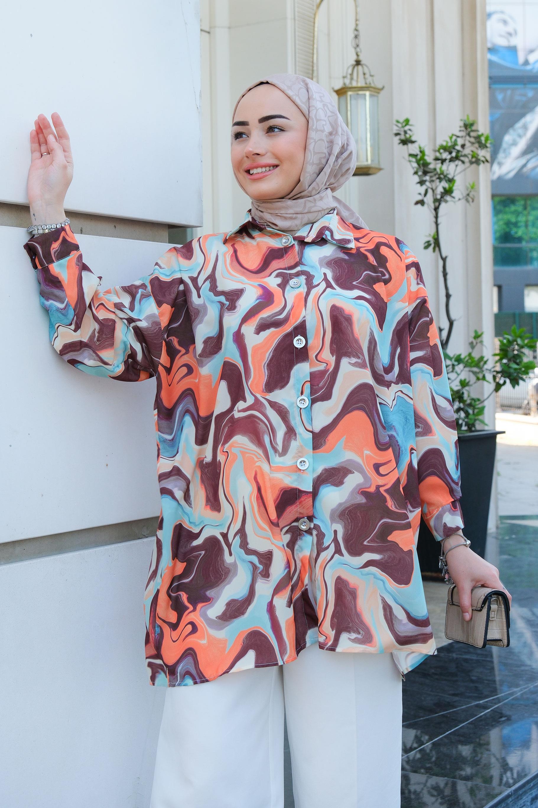 Dalga Desen Gömlek Kahverengi