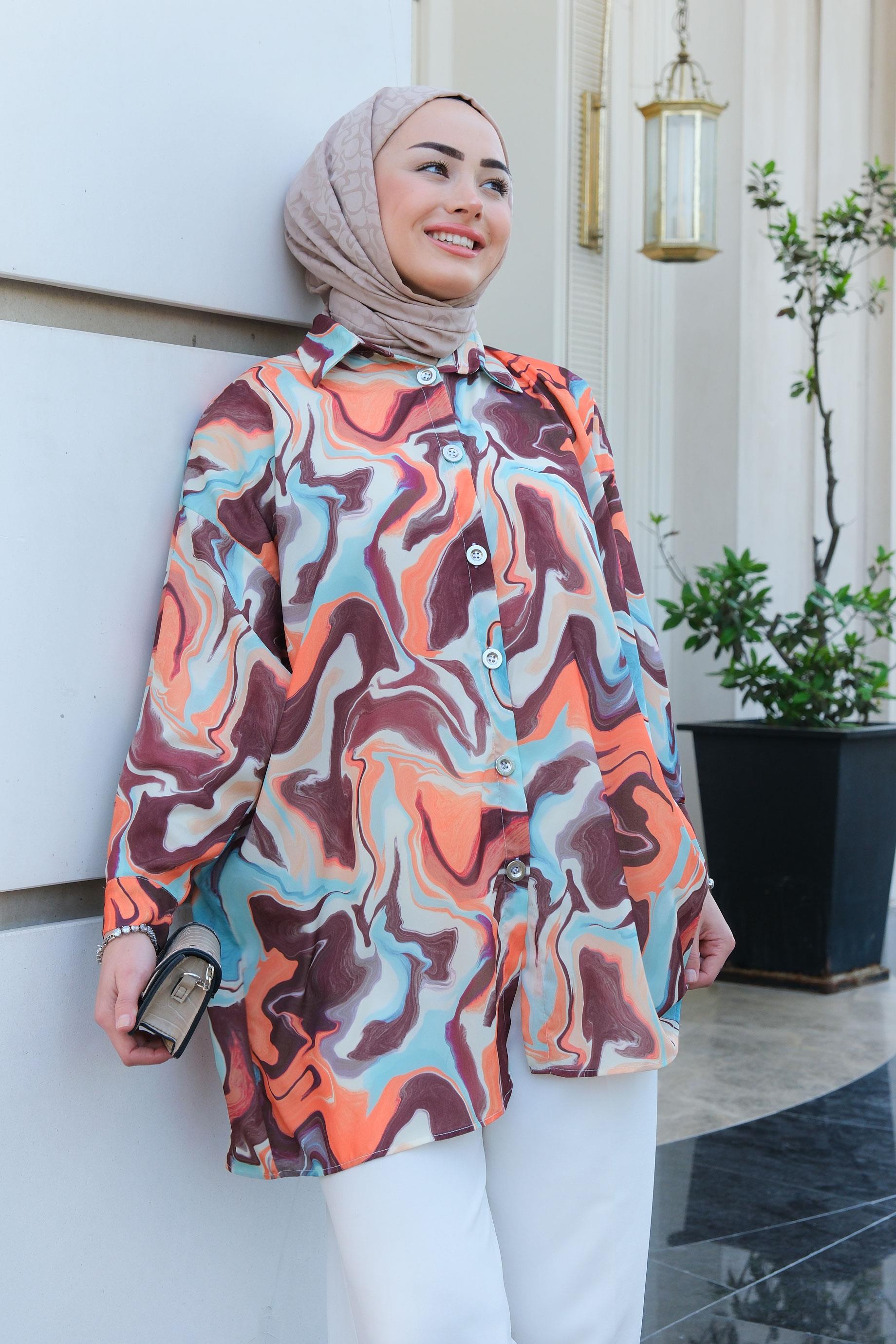 Dalga Desen Gömlek Kahverengi