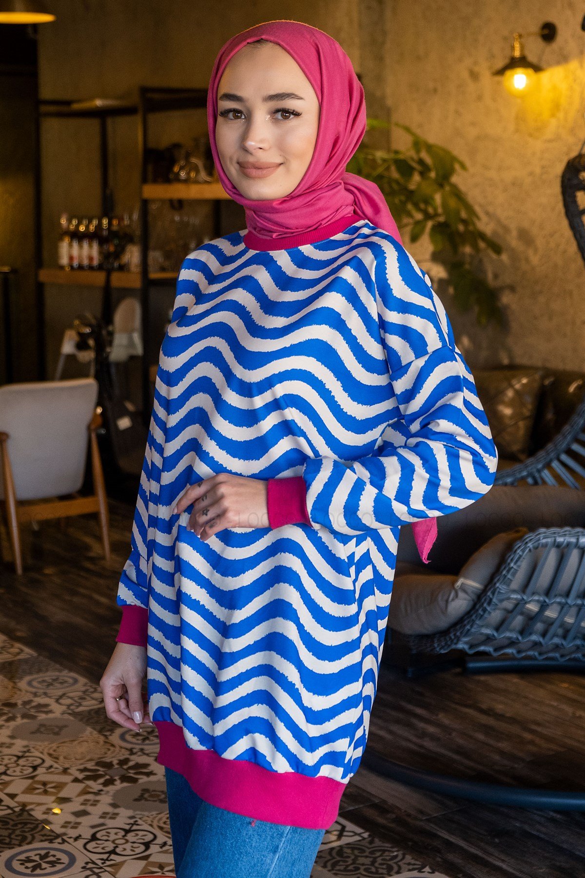 DALGA DESEN TUNIK MAVI