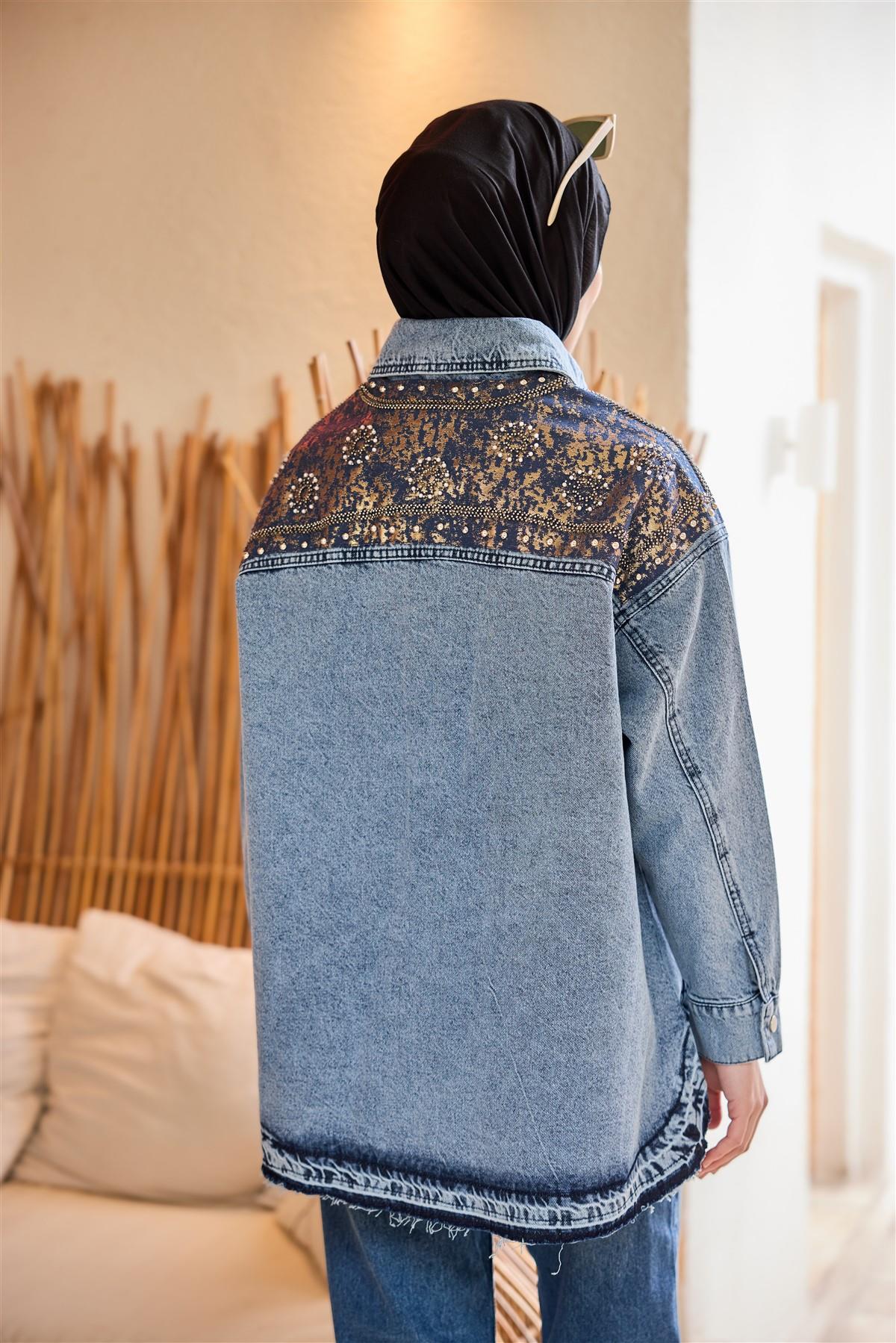 Gold Varak Desenli Jean Ceket Buz Mavi