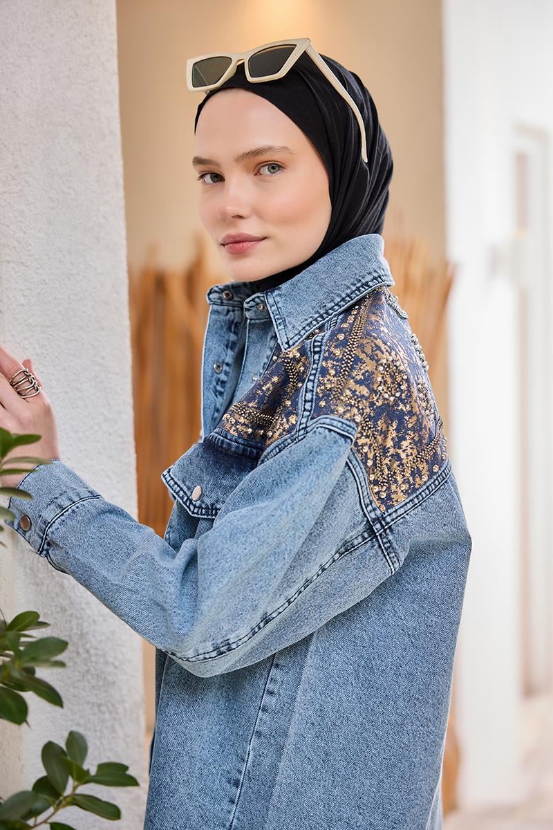 Gold Varak Desenli Jean Ceket Buz Mavi