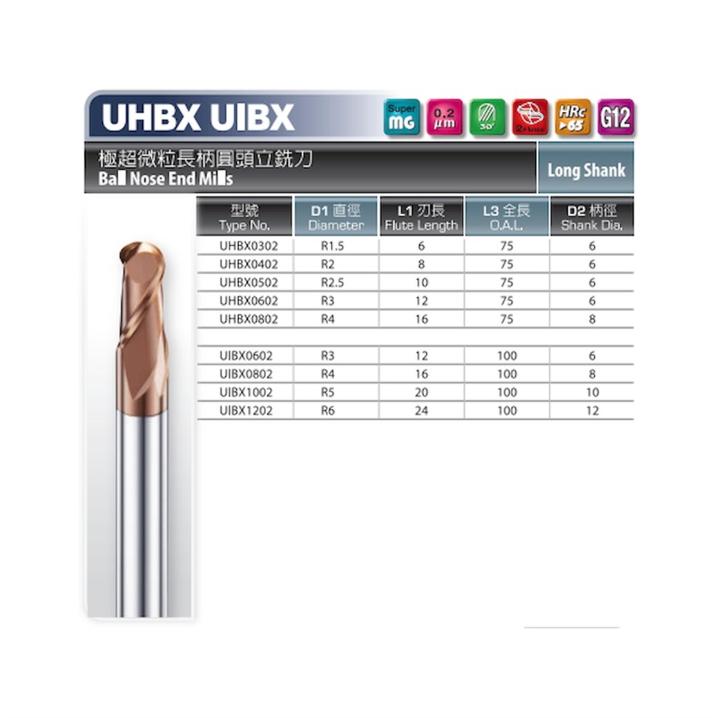 Dhf UIBX Küre Uzun Karbür Freze 65 Hrc 2 Ağızlı Kaplamalı