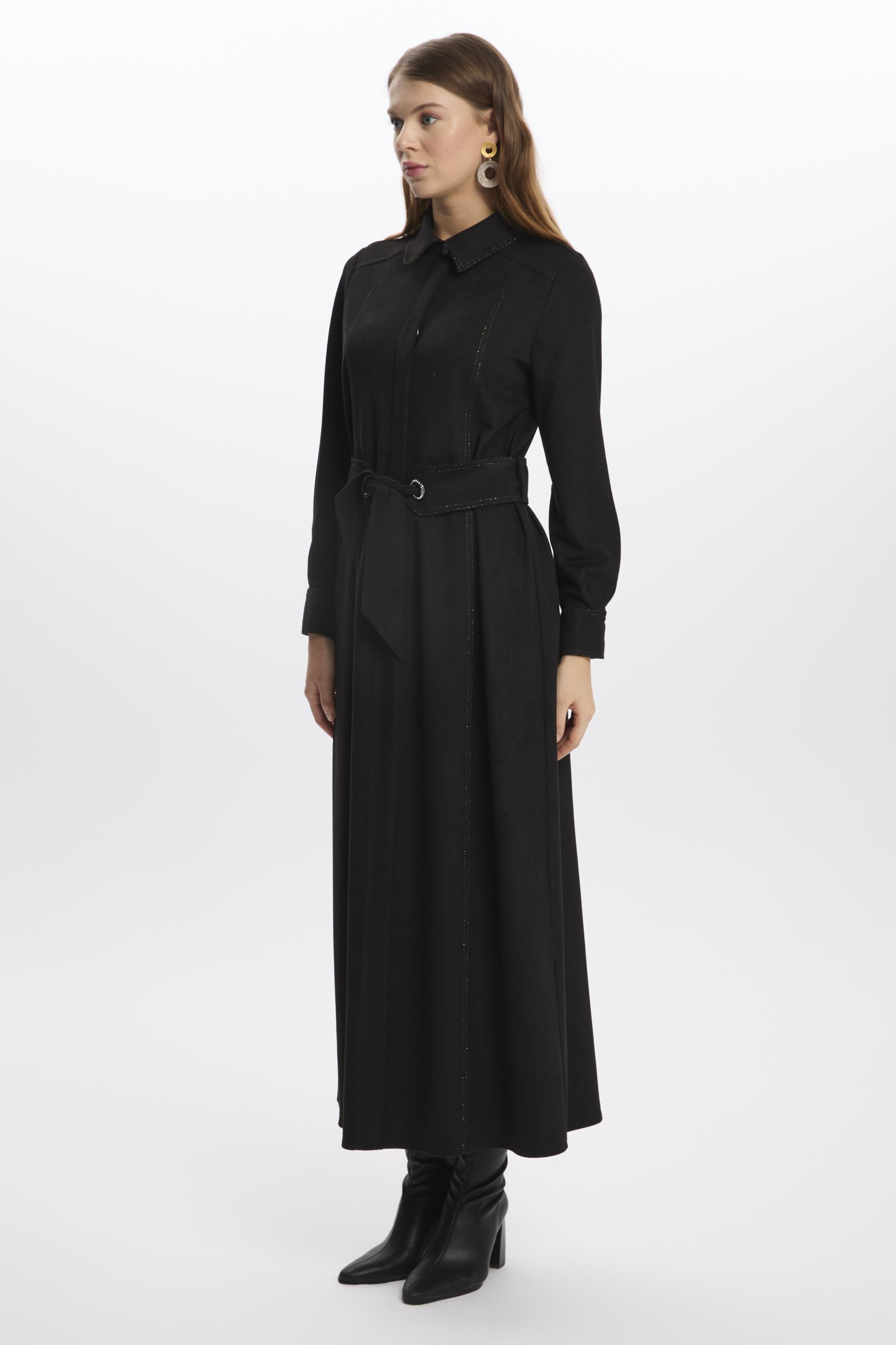 Gömlek Yaka Kuşaklı Siyah Uzun Elbise E-0446 - Zühre