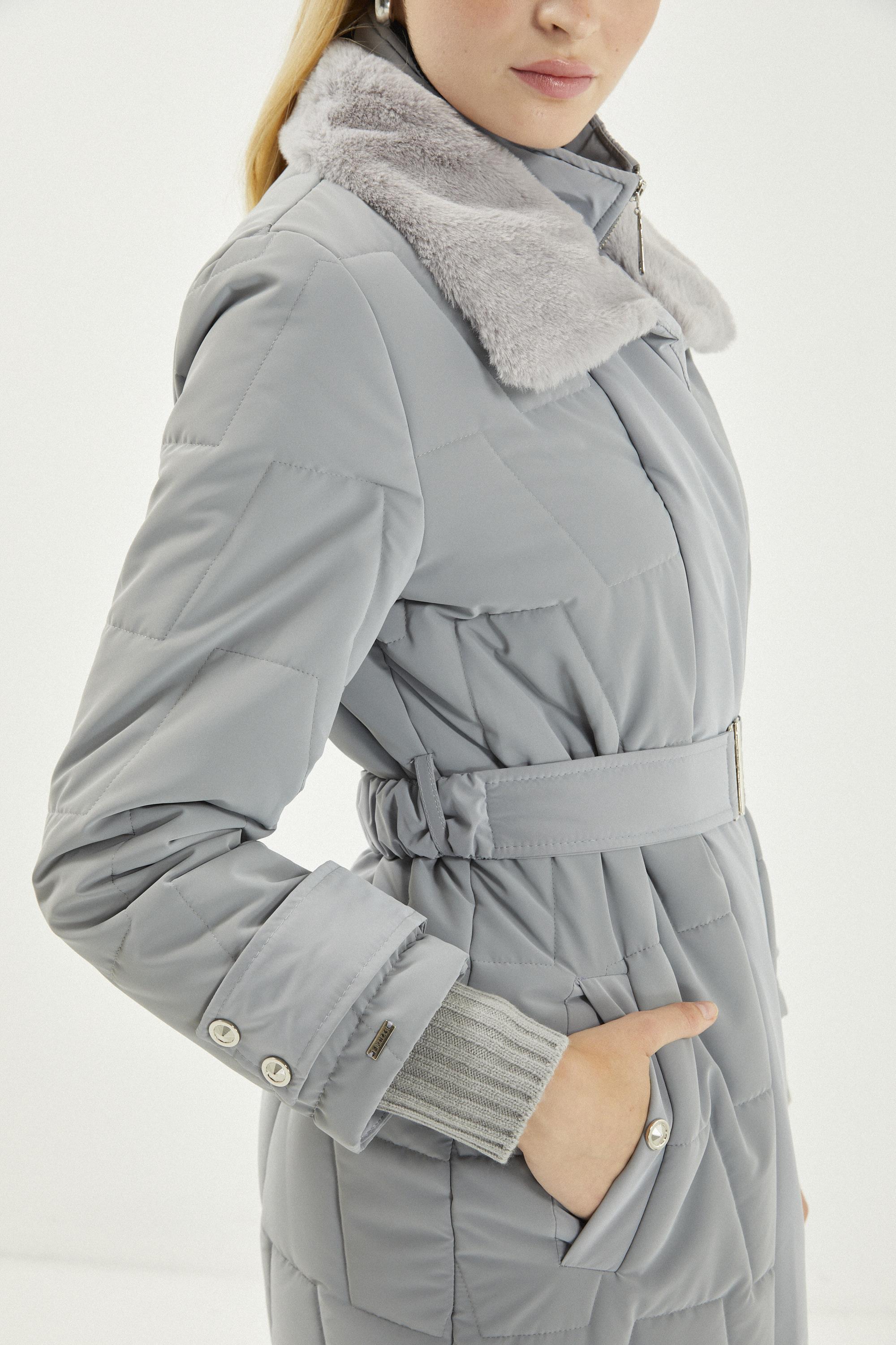 Yakası Kürk ve Kemer Detaylı Gri Şişme Mont 12764 - Zühre