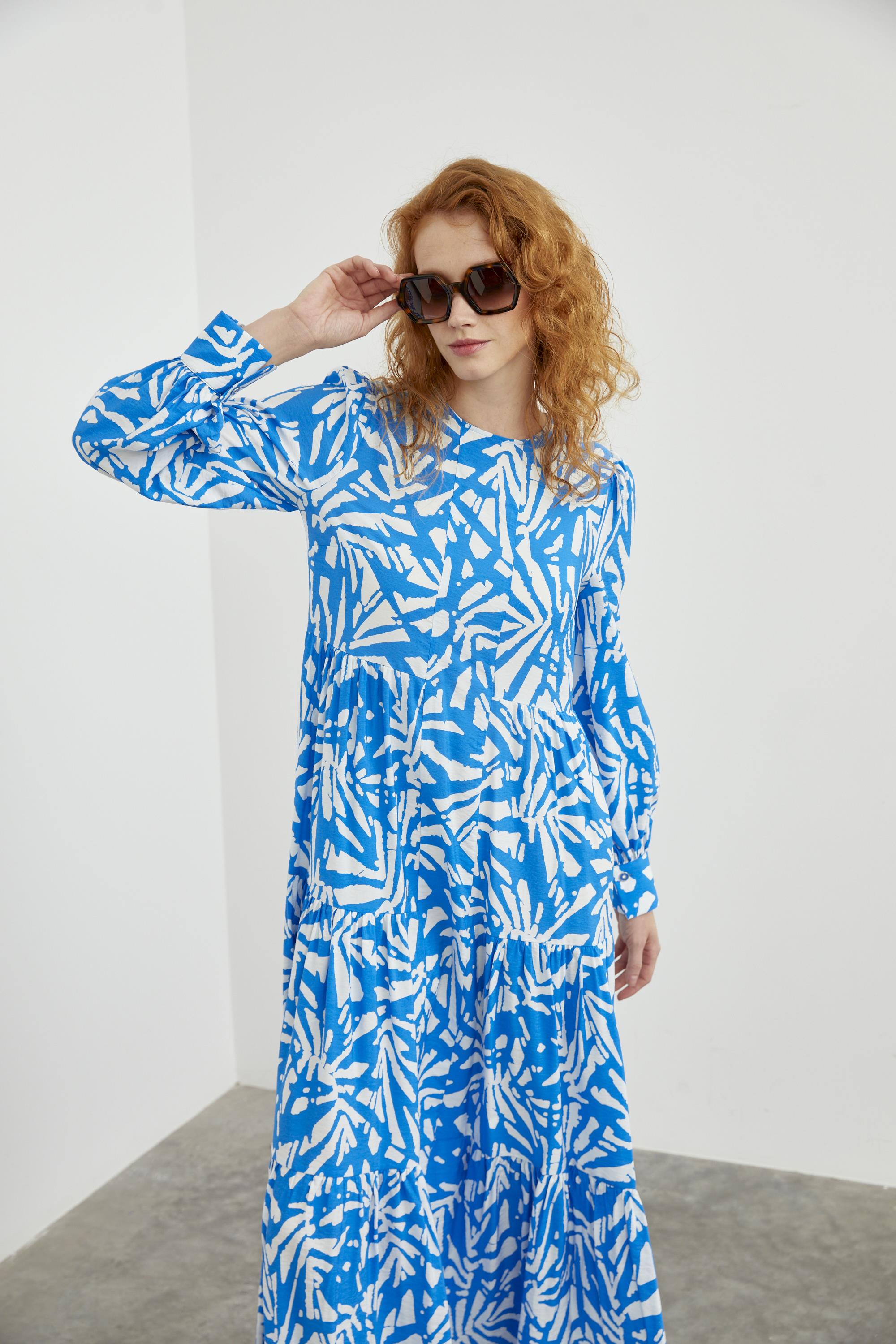 Desenli Uzun Mavi Elbise E-0413 - Zühre