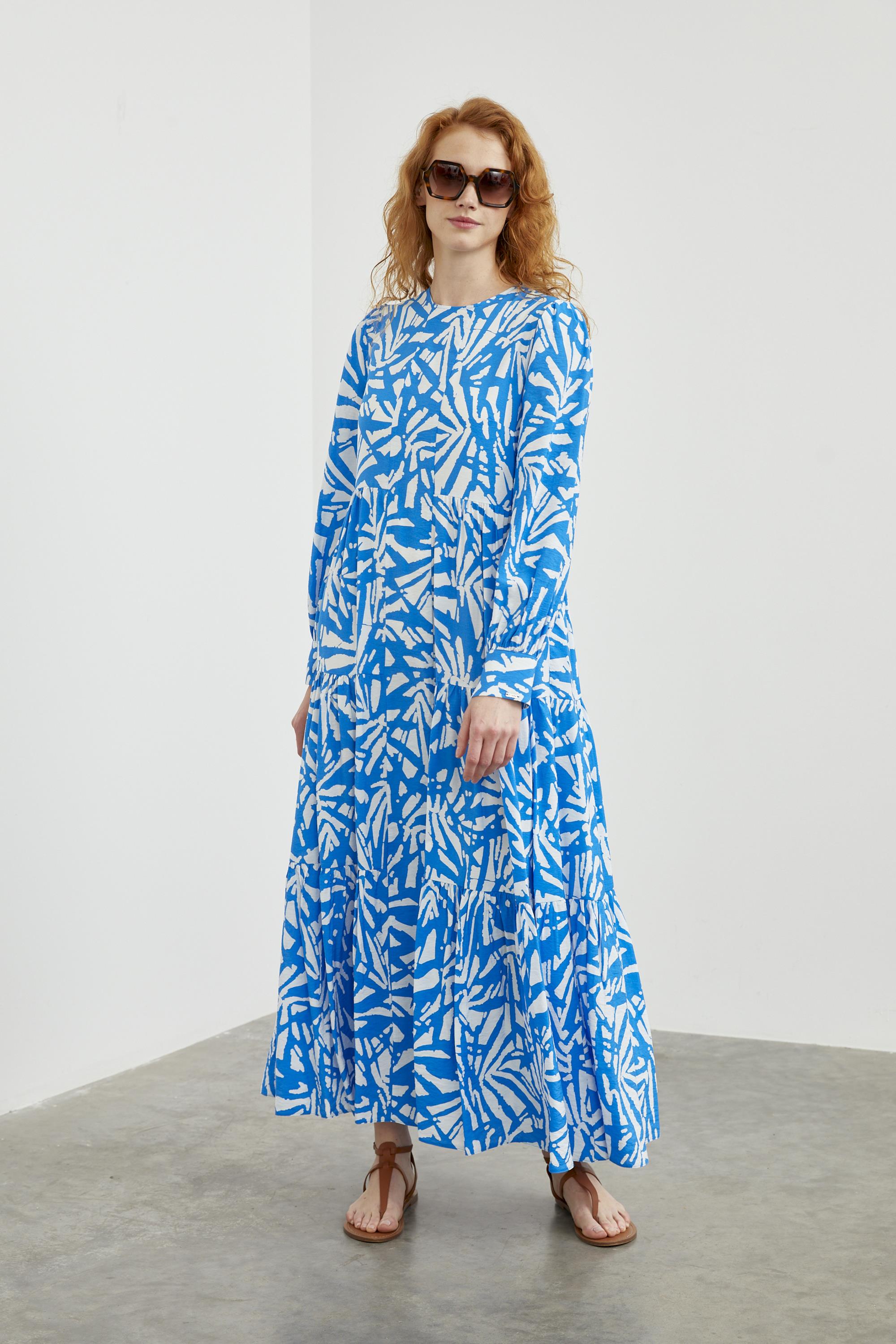 Desenli Uzun Mavi Elbise E-0413 - Zühre