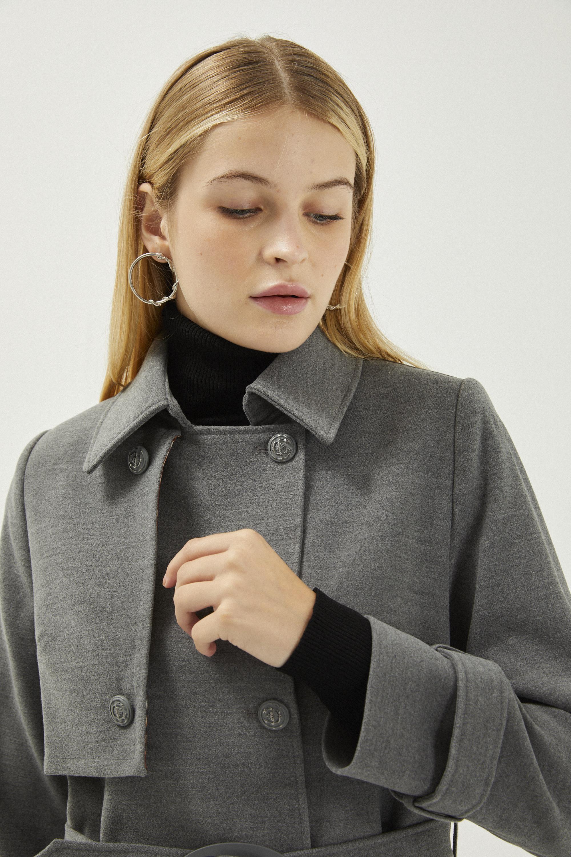 Kemer Detaylı Gri Kaşe Kaban 13296 - Zühre