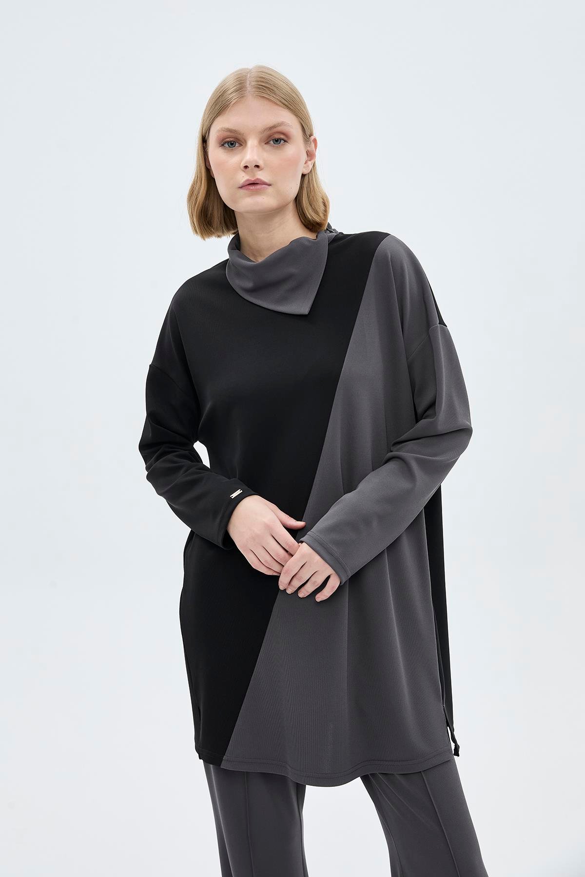 Şal Yaka Blok Renkli Antrasit İkili Takım TK-1358 - Zühre