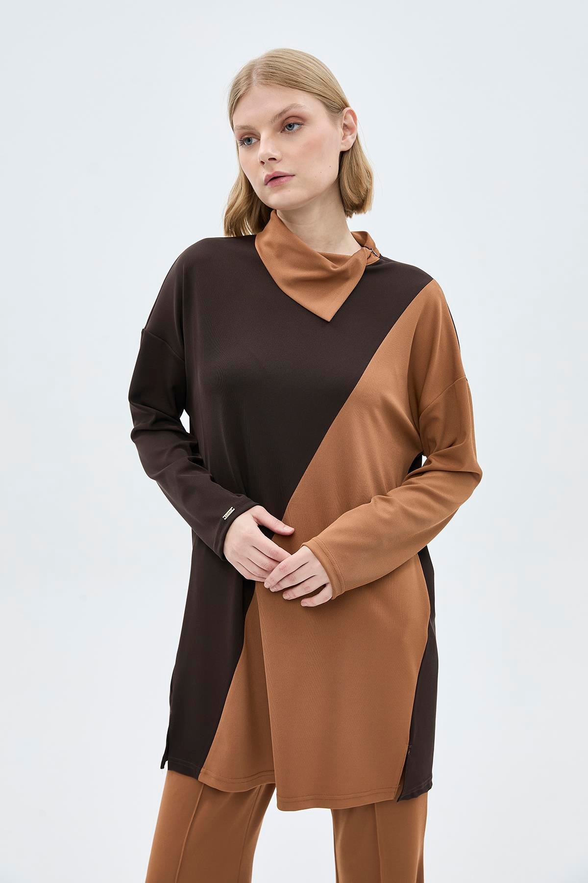 Şal Yaka Blok Renkli Camel İkili Takım TK-1358 - Zühre