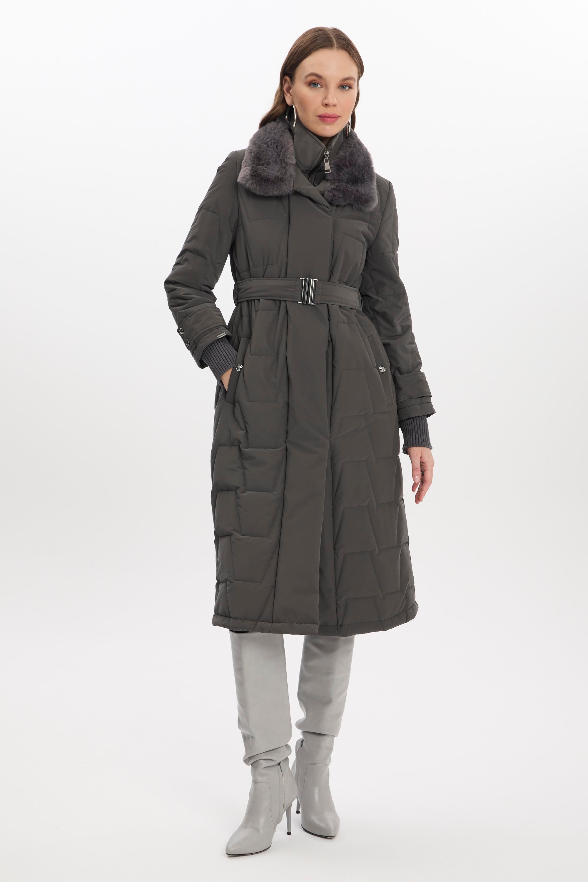 Yakası Kürk ve Kemer Detaylı Füme Şişme Mont 12764 - Zühre