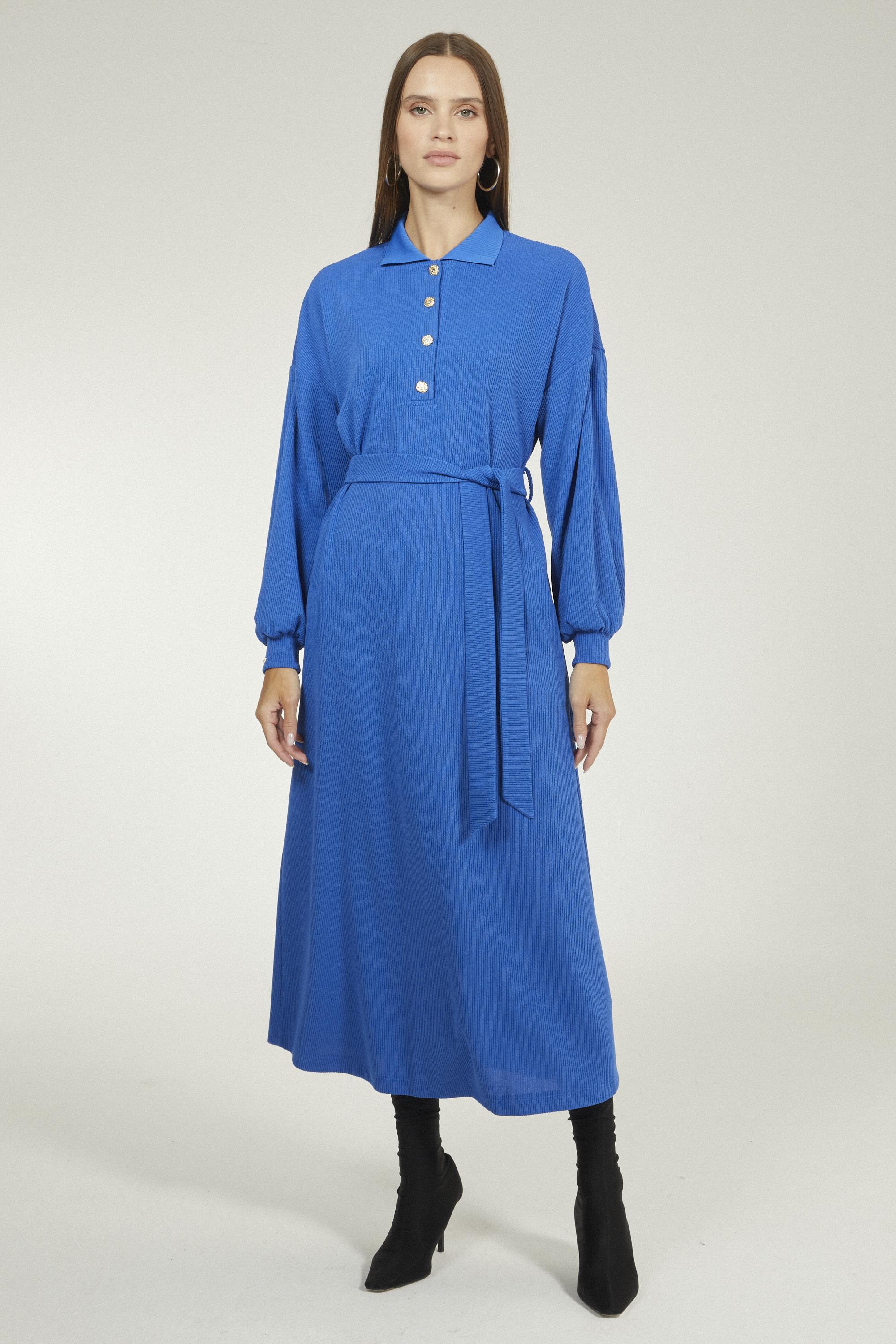 Uzun Kollu Beli Kuşaklı Uzun Saks Elbise E-0372 - Zühre