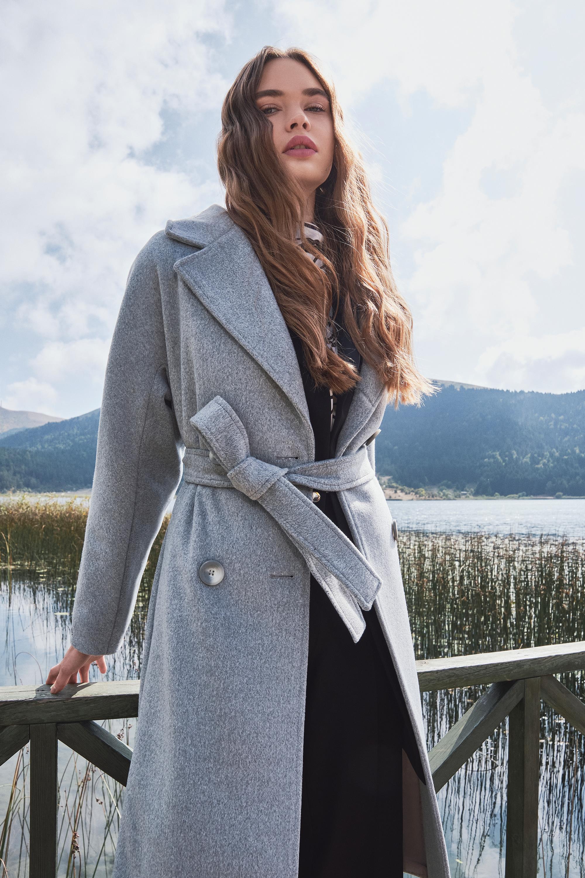 Kruvaze Yaka Kaşe Gri Kaban 12822 - Zühre