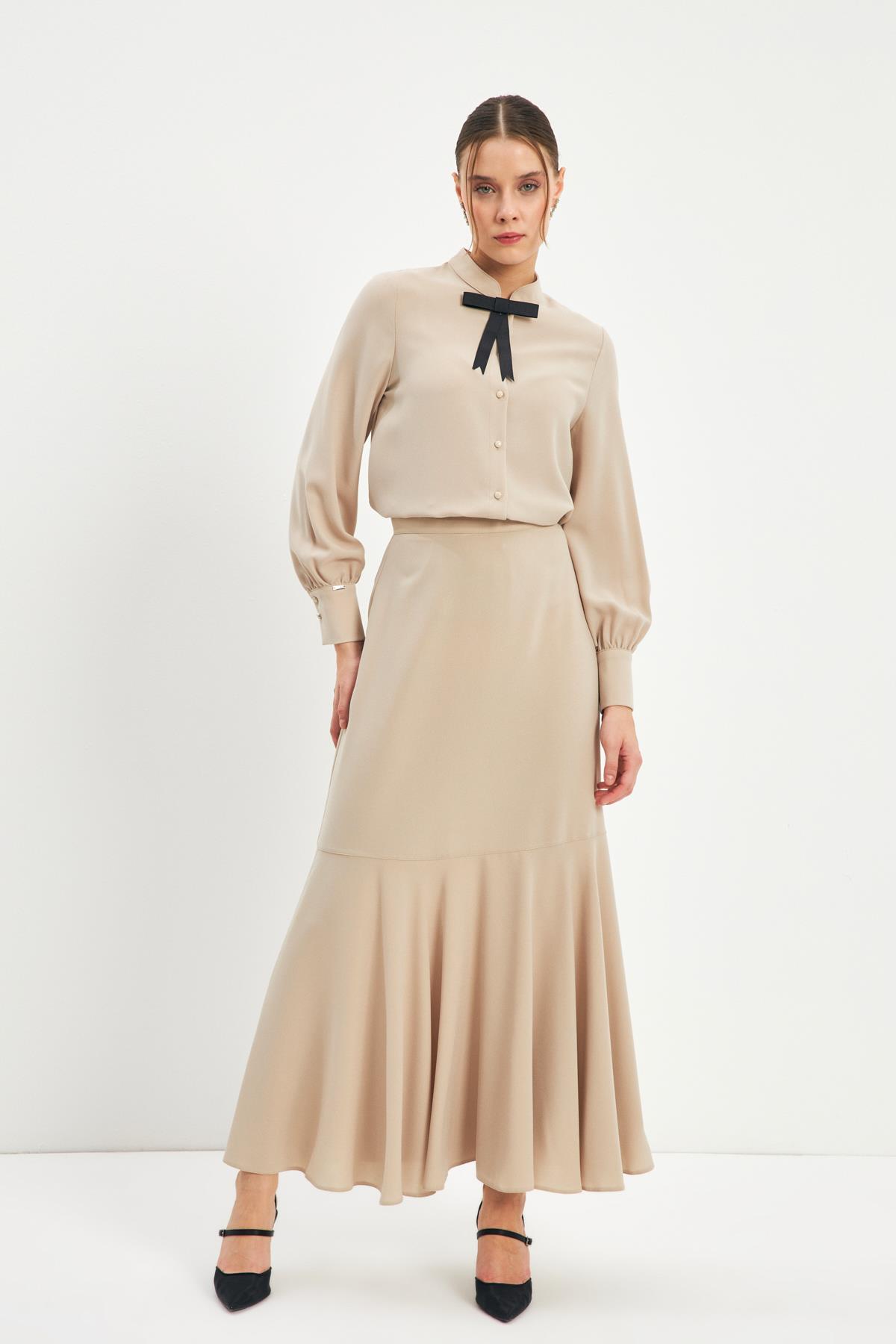 Yüksek Bel Volanlı Bej Etek ETK-0172 - Zühre