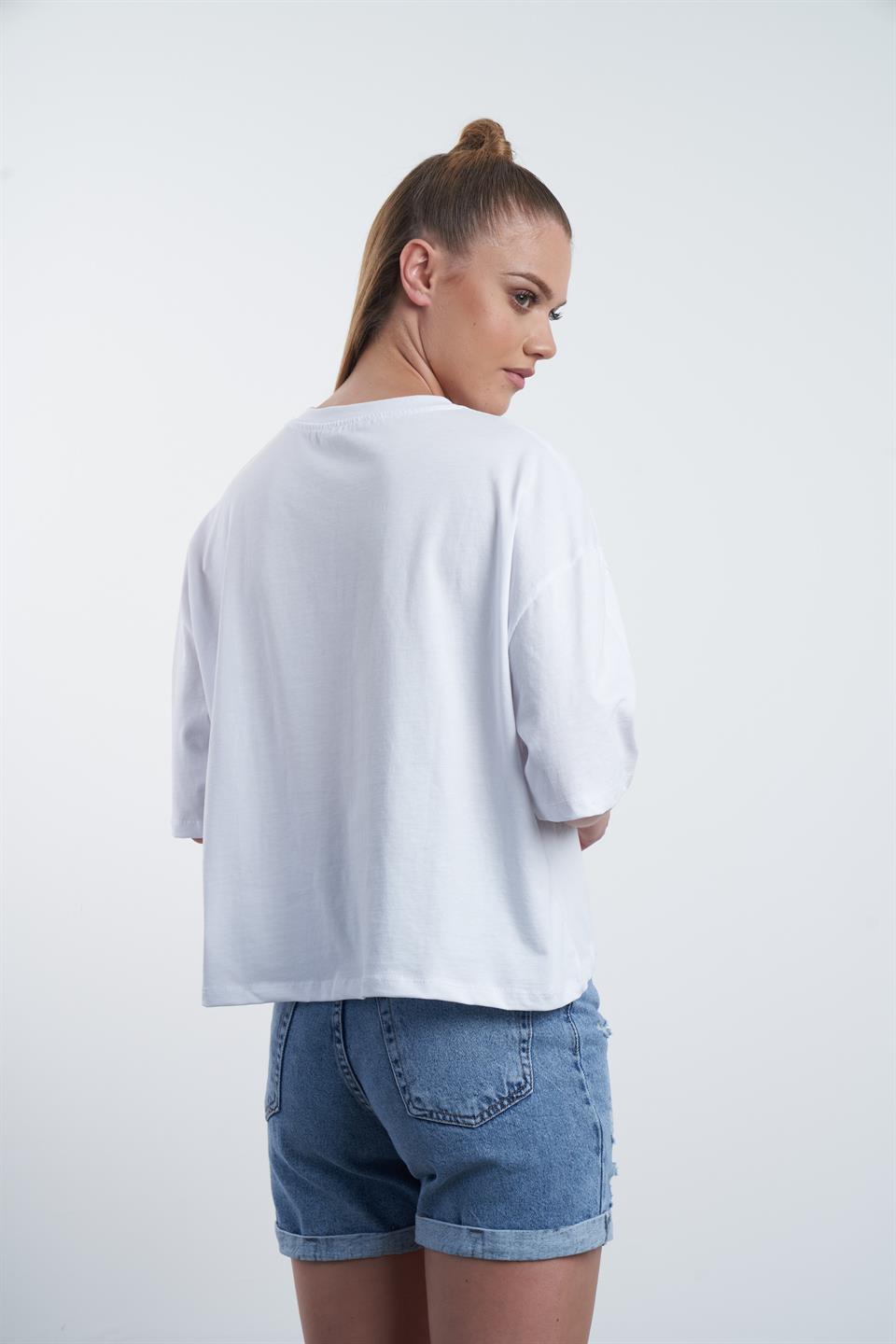 Bisiklet Yaka Düşük Omuz Basic Kısa T-shirt Beyaz - Ambar Giyim