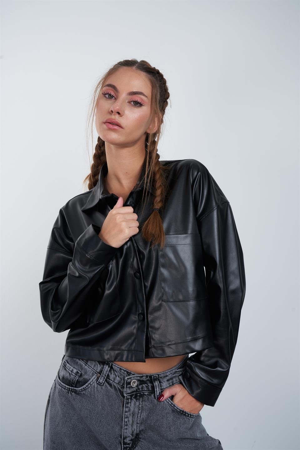 Deri Kısa Ceket Siyah - Ambar Giyim