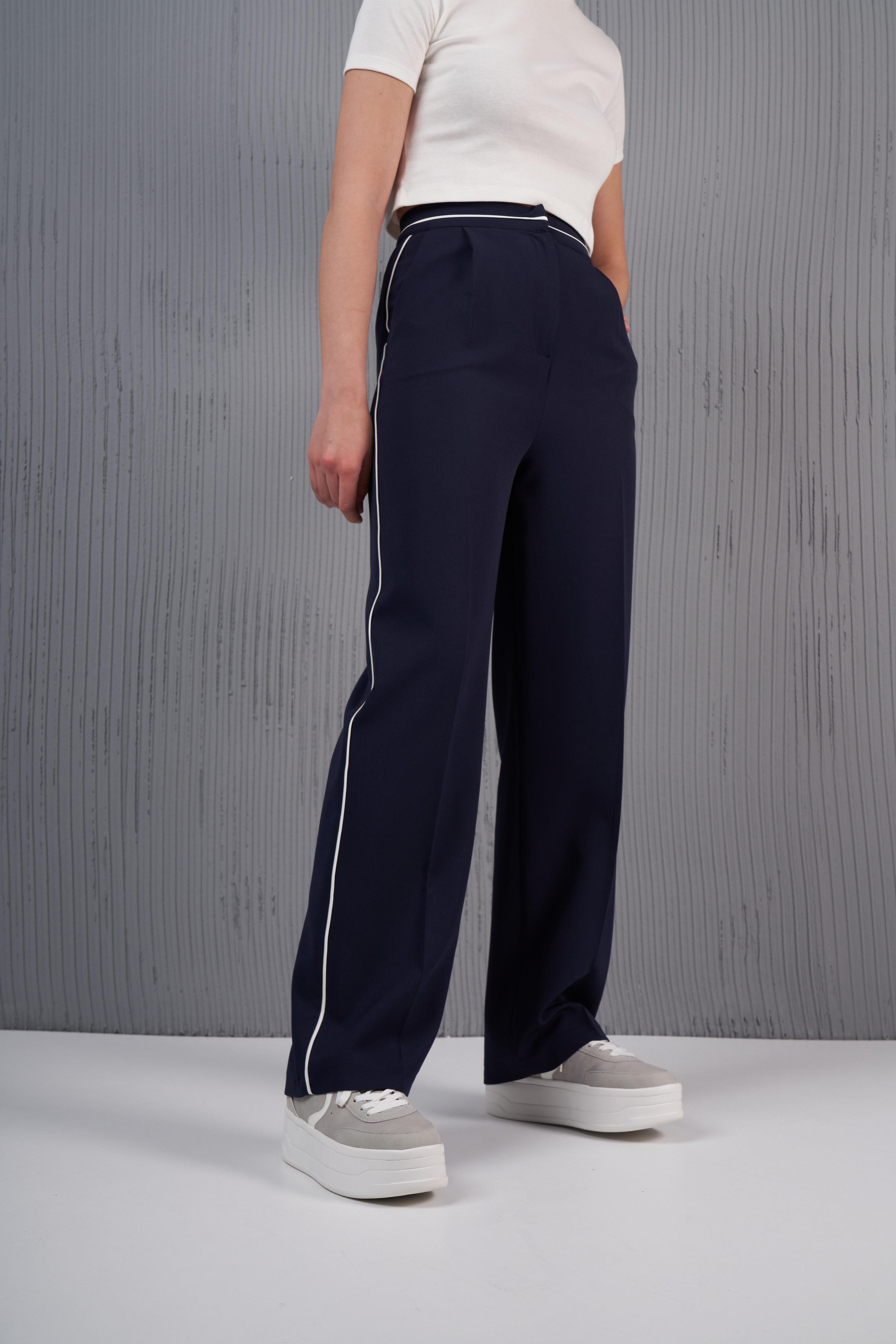 Şerit Detaylı Bol Paça Pantolon Lacivert - Ambar