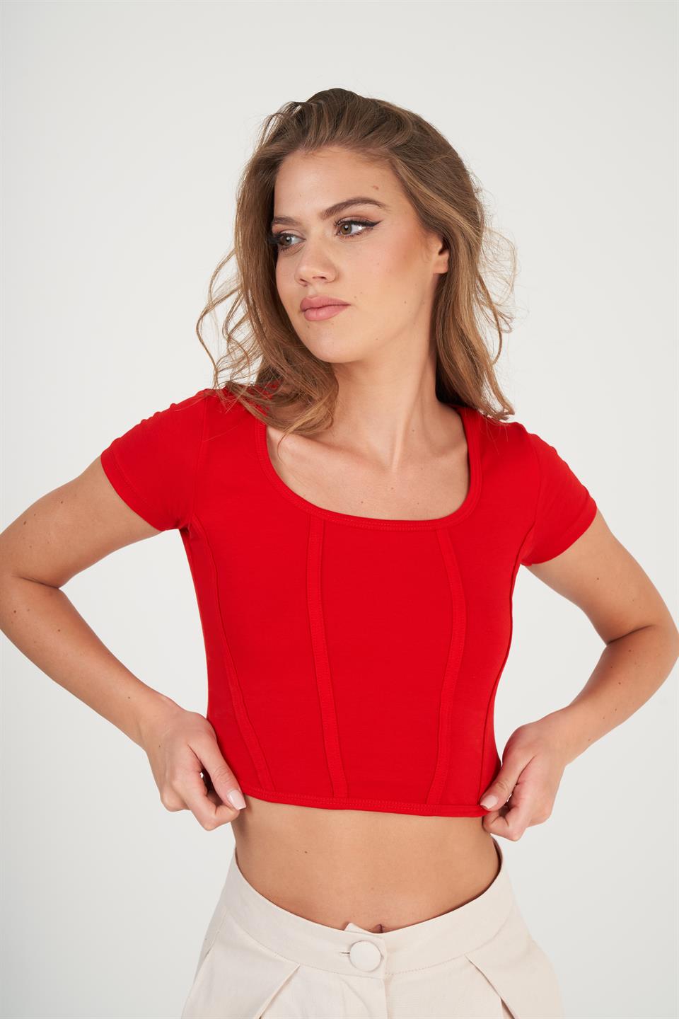 Biye Detaylı Crop Bluz Kırmızı - Ambar