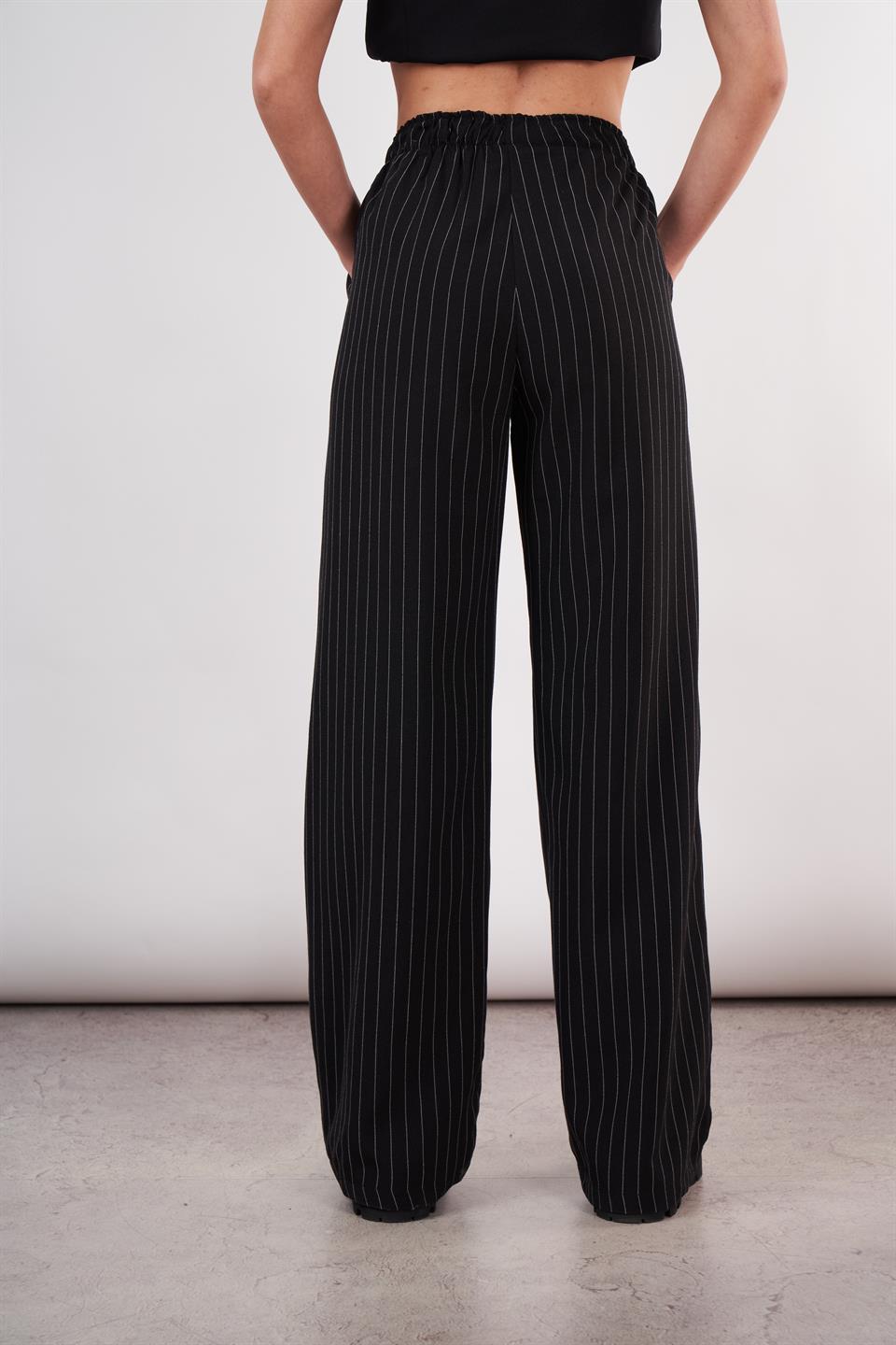 Çizgili Bol Paça Pantolon - Ambar